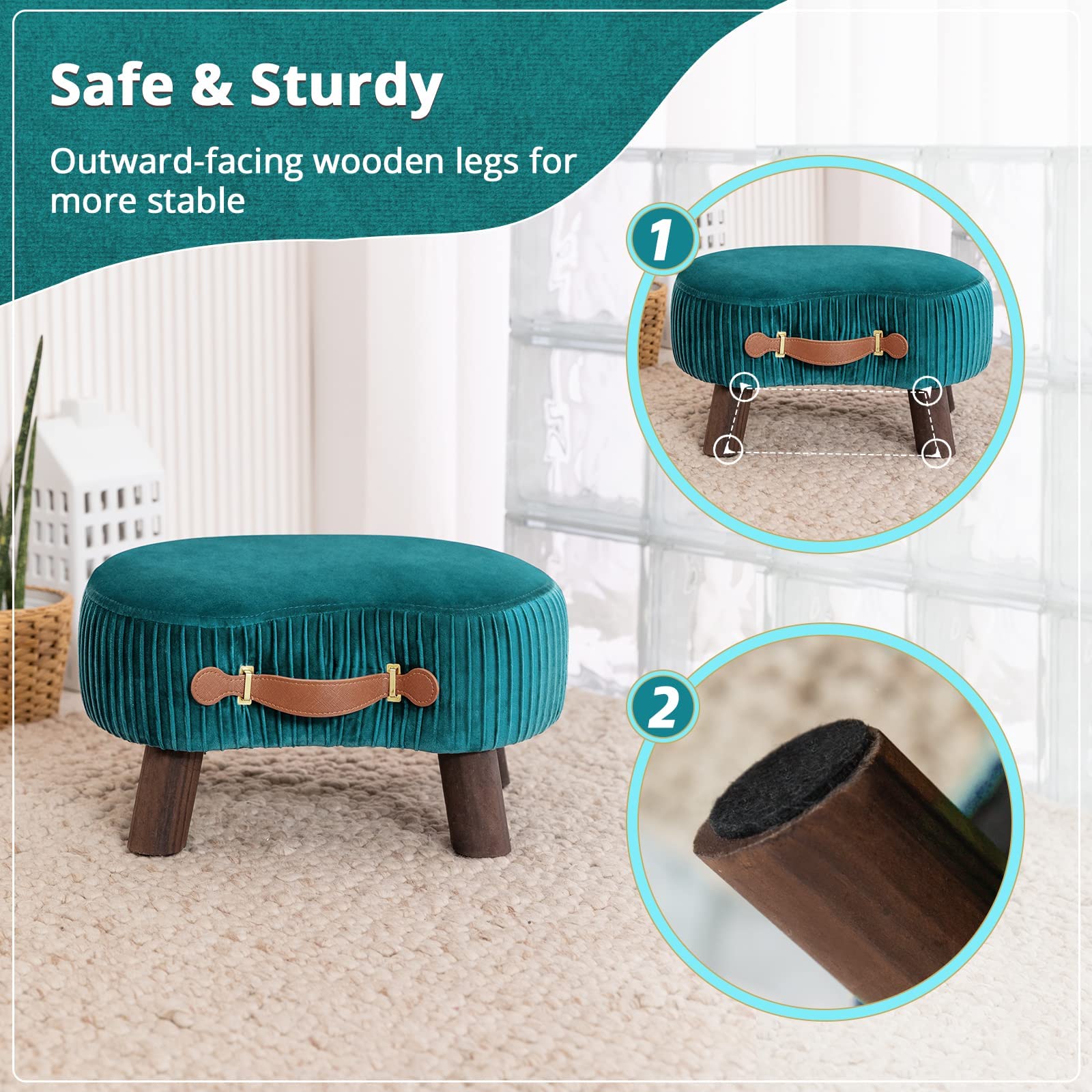 LUE BONA Small Curved Foot Stool with Handle, Velvet Footstool and Ottomans, Modern Foot Rest with Wooden Legs, Step Stool with Padded Seat for Couch, Living Room, Teal