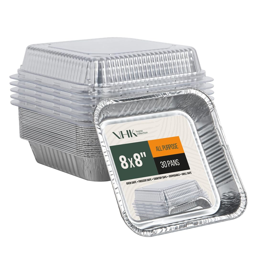 VHK HOME COLLECTION Aluminum Pans with Lid - Pack of 30/8 x 8 - Square Half Size Tin Foil Pans for Cooking, Baking, Steaming, Grilling, Smoking, Buffet & Food Prepping