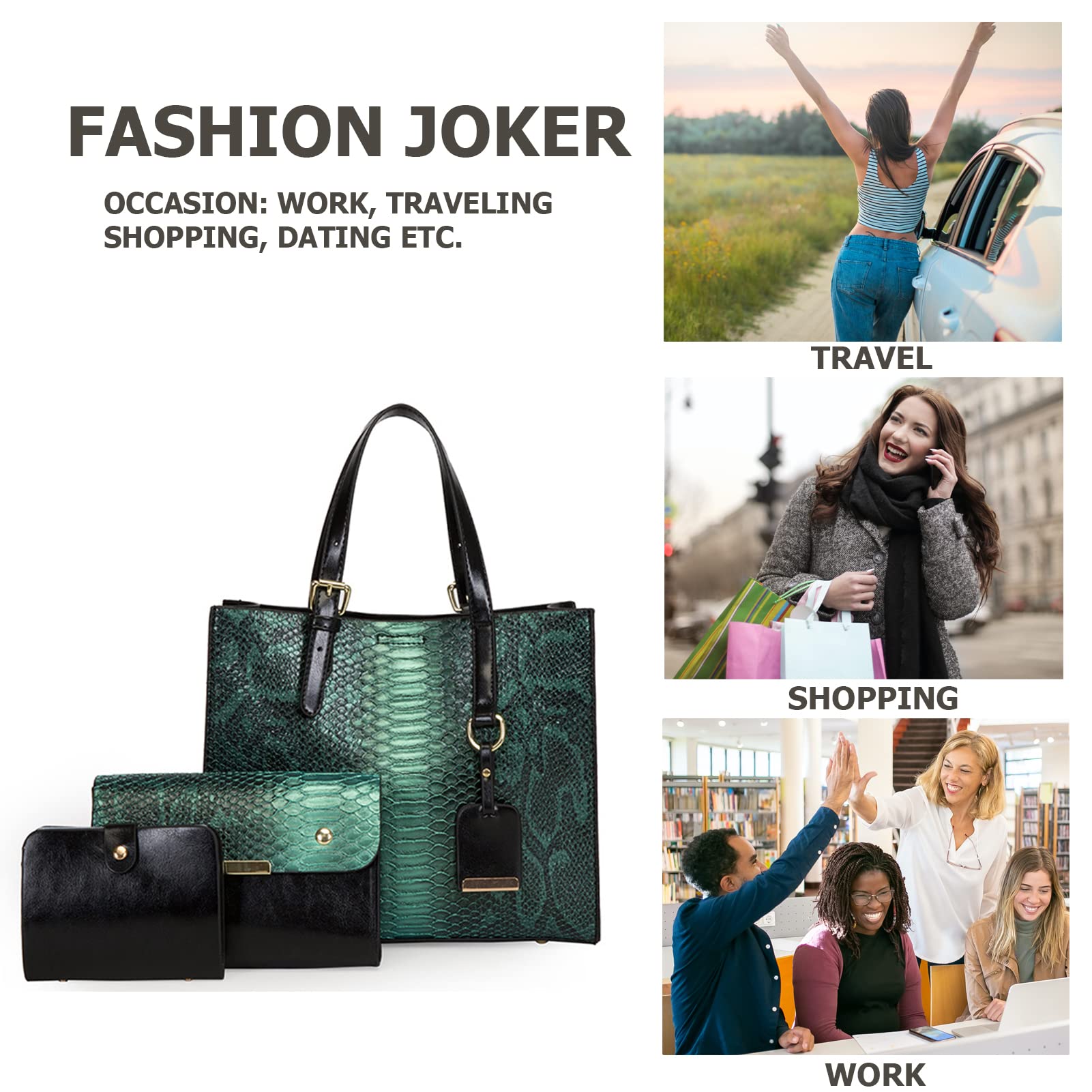 myfriday Vegan Leather Tote Shoulder Bag for Women, Snake Pattern Large Top Handle Bags 3pcs Purse Set