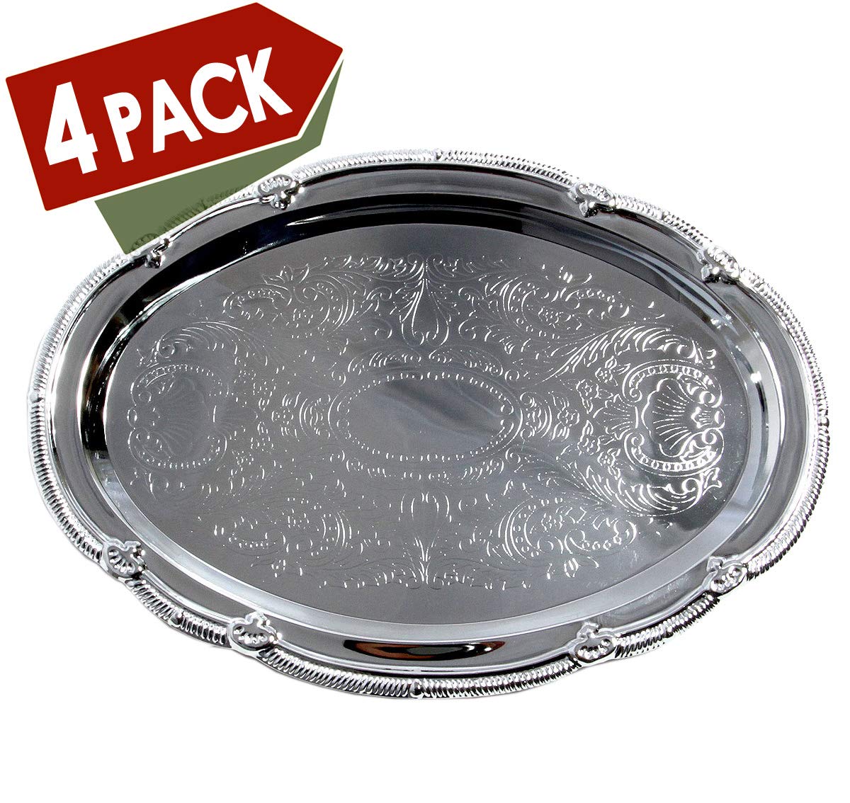 Maro Megastore (Pack of 4) 14.7" x 10.6" Oval Shape Chrome Plated Serving Tray Plate Food Art Deco Floral Pattern Engraved Multi-Purpose Holiday Party Buffet Wedding Birthday (Large) T125L-4PK