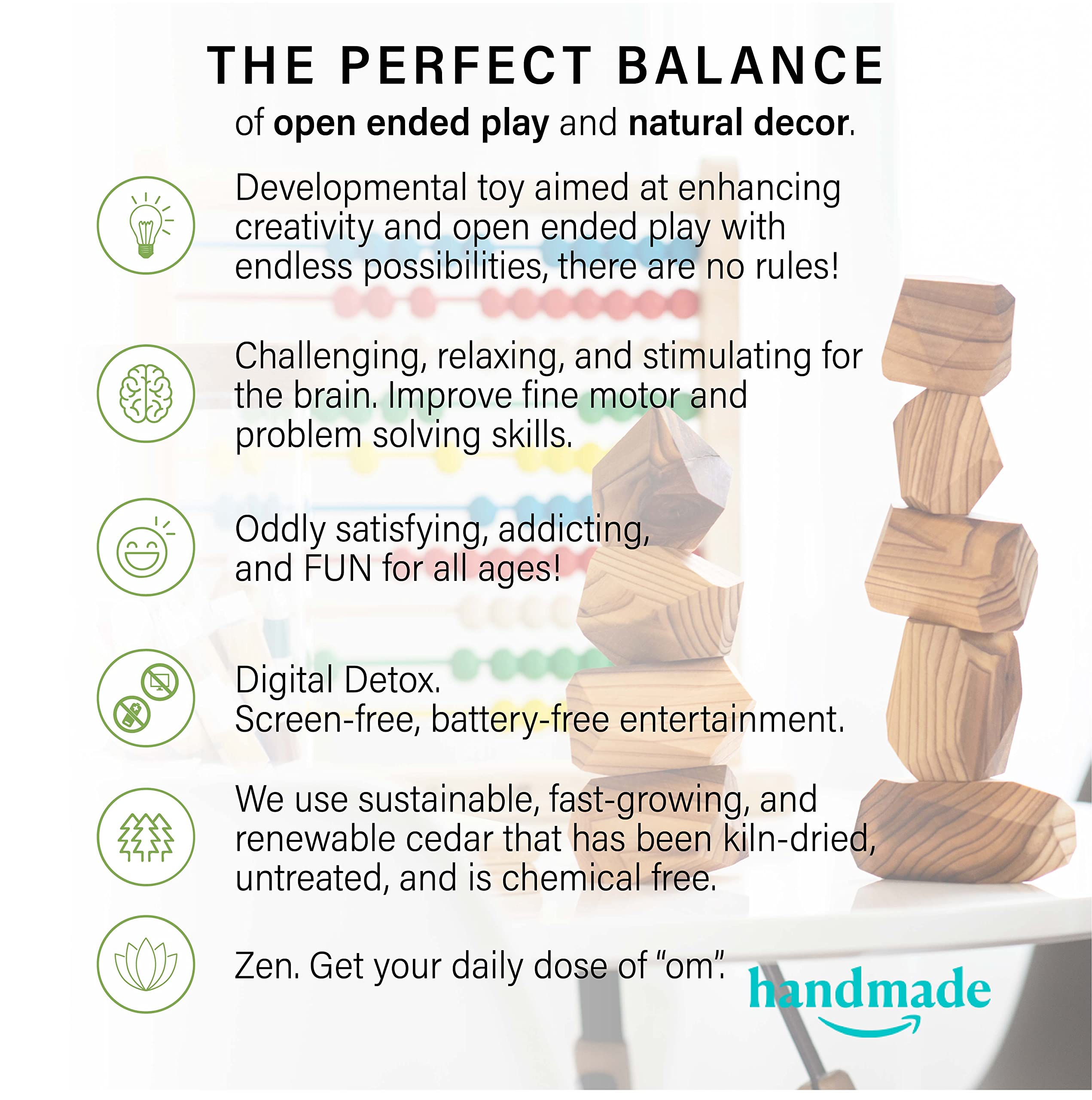 PERCHED Natural Cedar Stacking Rocks, Large Wooden Blocks, Montessori Puzzle Game, Toddler Toys For Classroom, Wood Balancing Stones Set (9 Pc)