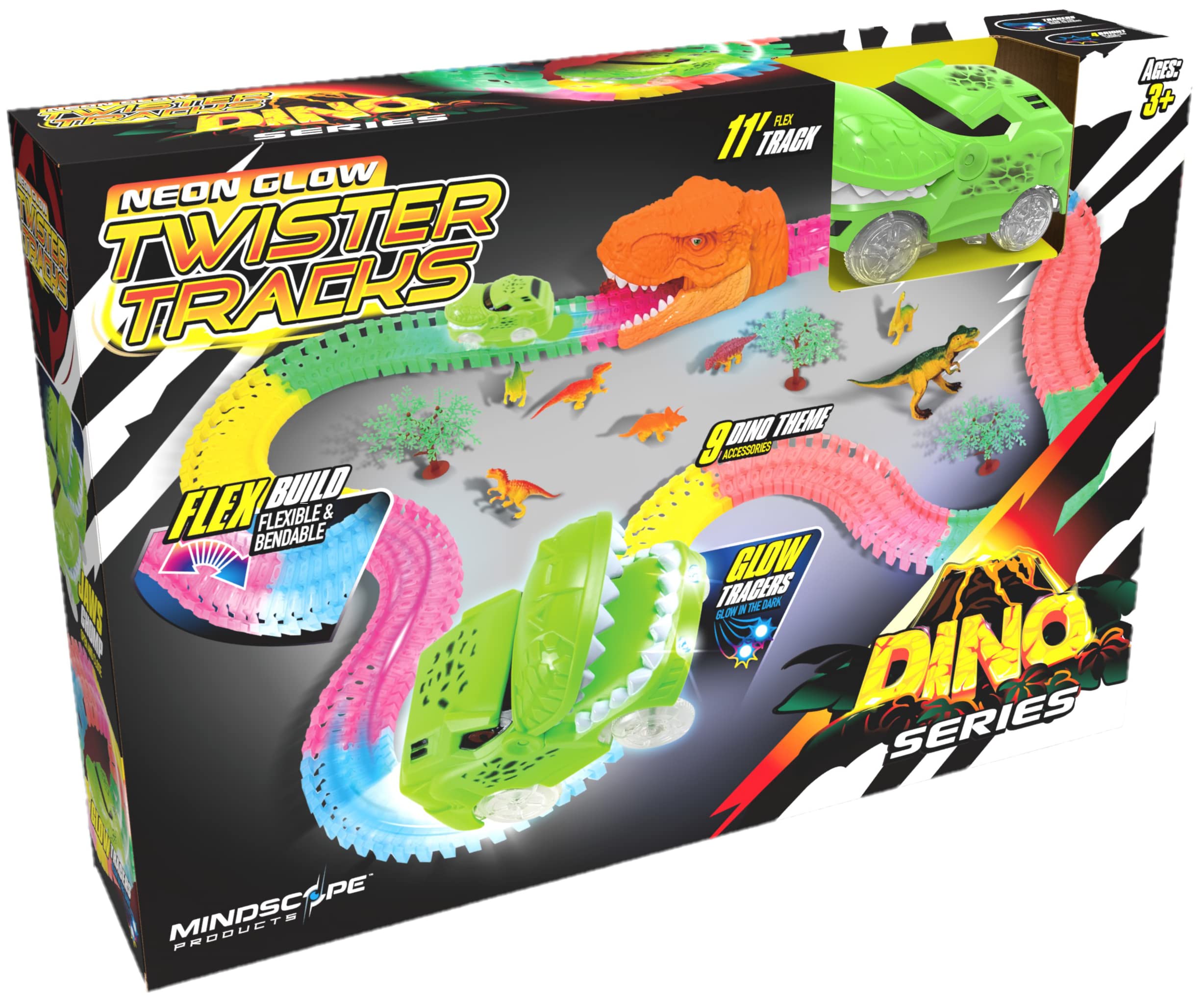 Mindscope NEON Glow Twister Tracks Dino Series 11 Feet of Neon Glow in The Dark Track Set with Dinosaur Accessories