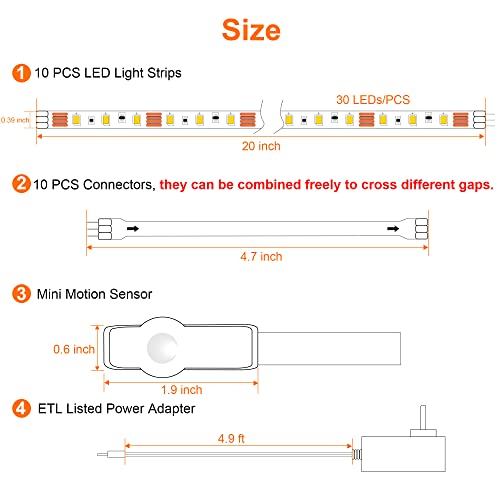 LAFULIT 10 PCS Under Cabinet Lights Kit, Motion Sensor LED Strip Lights with Remote, Dimmable and Timer Warm White Counter Lights for Kitchen Cabinets, Cupboards, Closets, Stairs, Shelf, Desk, and Bed