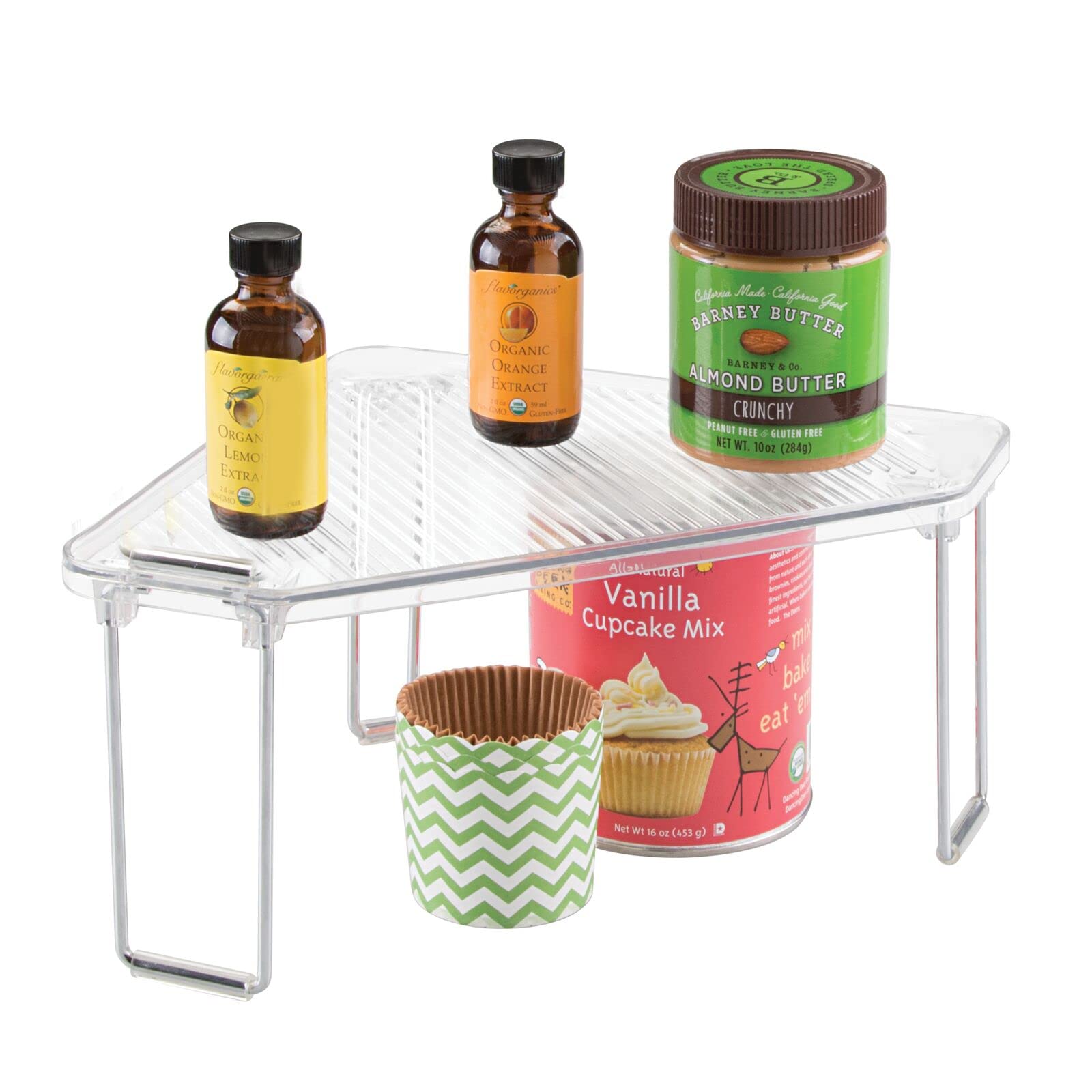 mDesign Plastic/Steel Freestanding Foldable Corner Stackable Organizer Shelf for Kitchen, Counter, Pantry, Cabinet Storage, Holds Plates, Dishes, Ligne Collection, 2 Pack - Clear