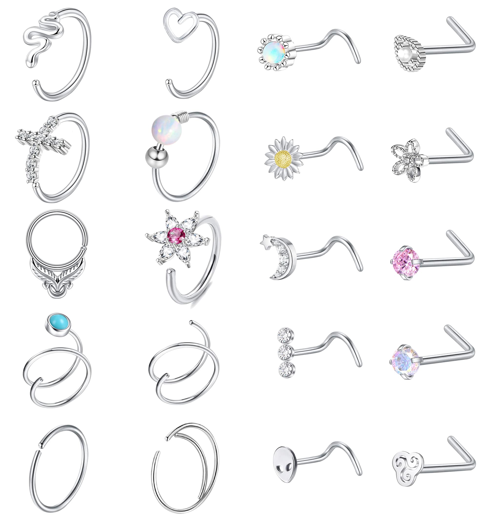 MJust 20G Nose Rings Stainless Steel Nose Rings Hoops Nose Studs Bone L Shaped Screw Nose Rings Studs Nose Nostril Piercing Jewelry Silver