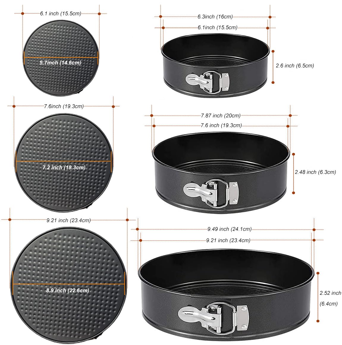 MeeQee Springform Pan Set of 3 Pieces 6.1/7.6/9.2 inches Nonstick Cake Pan Bakeware Set Cake Mold with Removable Bottom