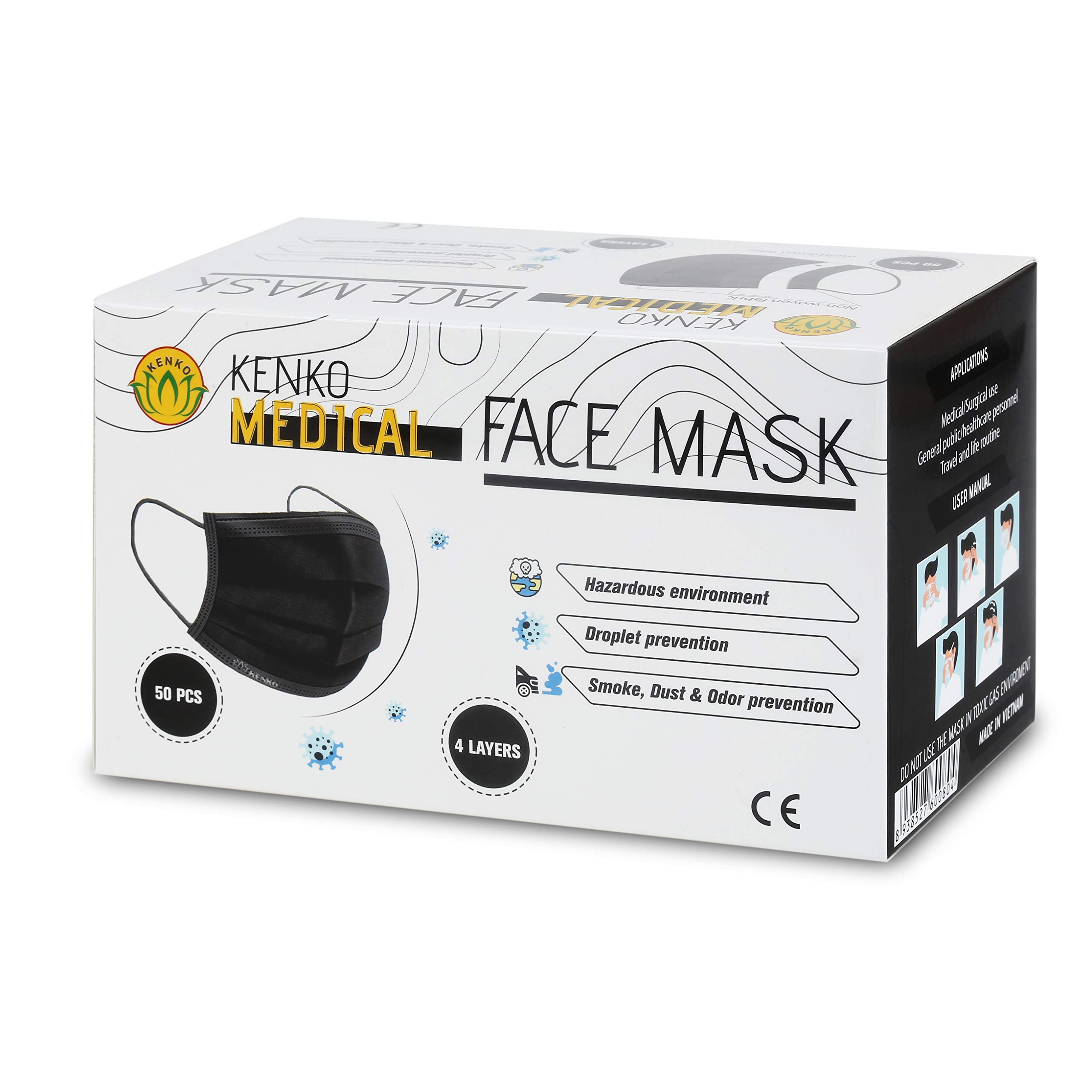 Kenko 50 pcs 4-ply MEDICAL Face Masks Black & 50 pcs Disposable 4-Ply Face Masks Black, Breathable & Comfortable Filter Safety Mask, Protection