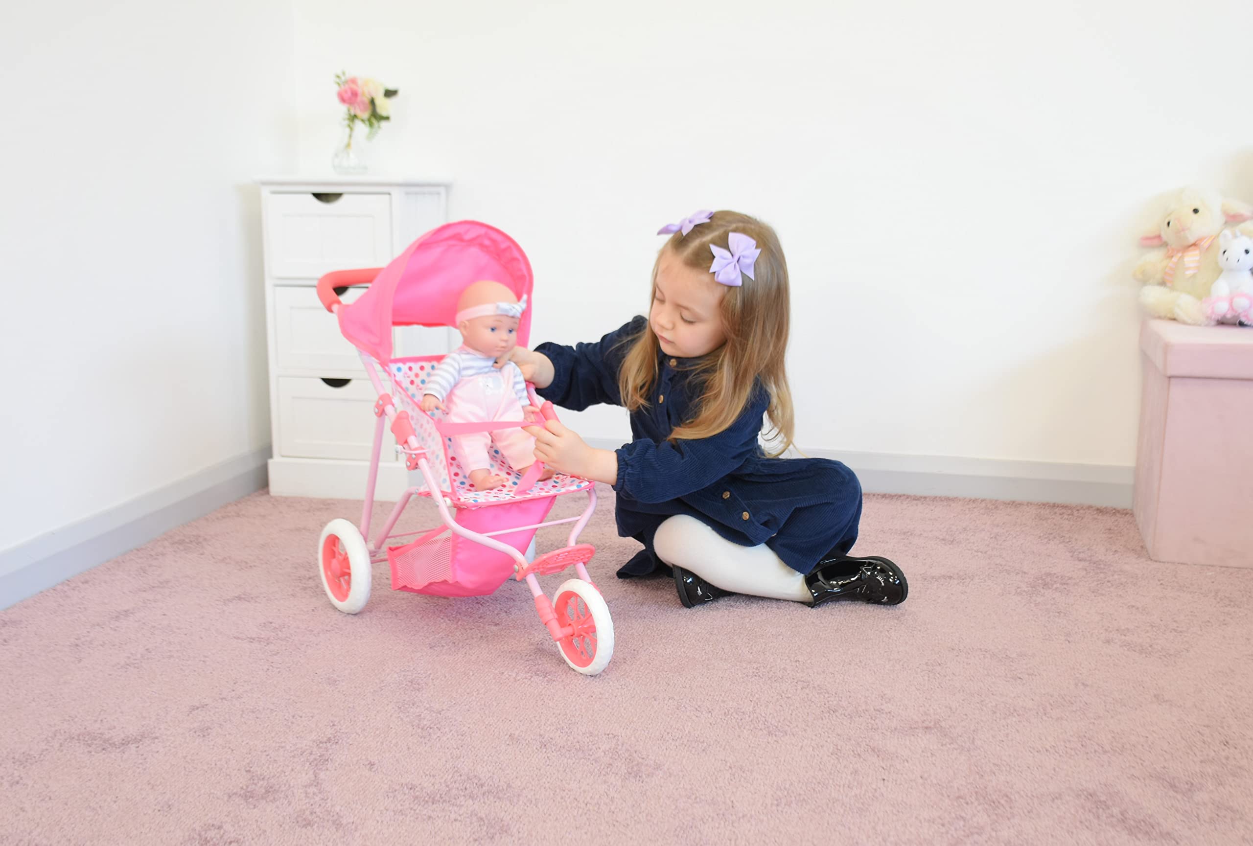 KOOKAMUNGA KIDS Baby Doll Stroller - Foldable Baby Stroller for Dolls - Play Stroller & Jogger w/Retractable Canopy Doll Footrest and Soft Grip Handle - Ideal for Baby Dolls up to 18" - Pink Unicorn