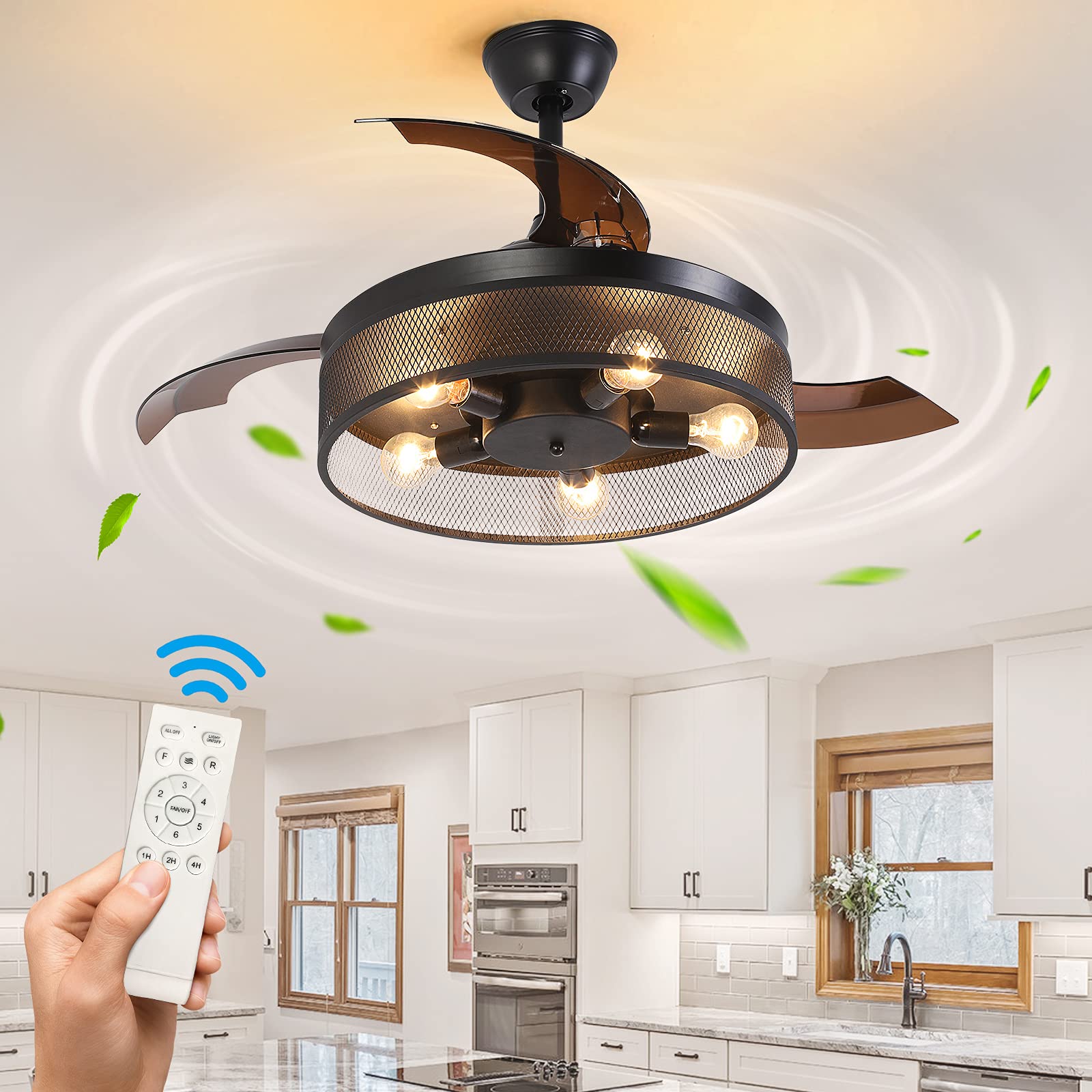 LINJO 42" Retractable Ceiling Fan with Light Black Noiseless Industrial Ceiling Fan with Remote Control 6 Wind Speeds for Living Room Bedroom Kitchen [Easy Installation] [3 Colors 5 E26 Led Bulb]