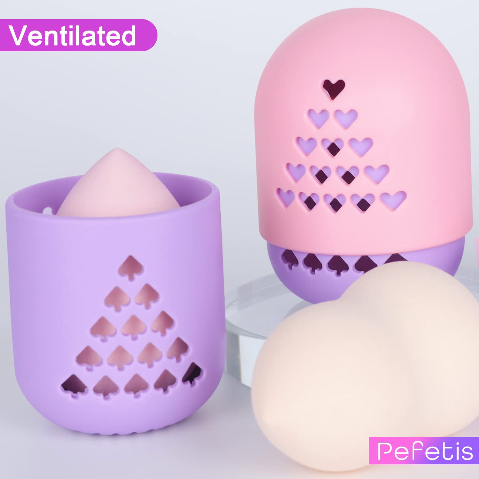 Pefetis Makeup Sponge Holder, Silicone Beauty Blender Case Travel Washable and Ventilated Makeup Egg Holder for Gift (Purple & Pink)