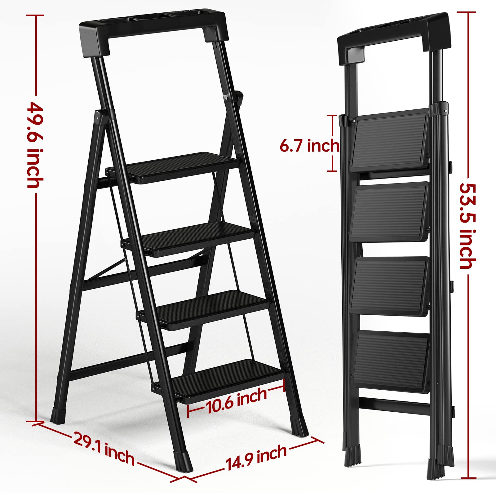 ZXMOTO 4 Step Ladder,Folding Step Stool with Tool Tray 300 lb Capacity, Sturdy Lightweight Aluminum, Portable Step Ladder Stool for Home, Library, Office, Garage