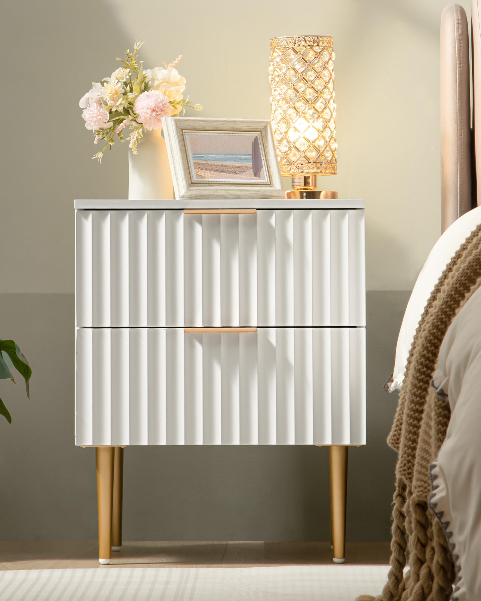SICOTAS White Night Stand Set 2, Wide Fluted Nightstand with 2 Drawers, Modern Glossy Storage Bedside Table for Bedroom, End Side Table with Golden Metal Legs and Handles(2, White)