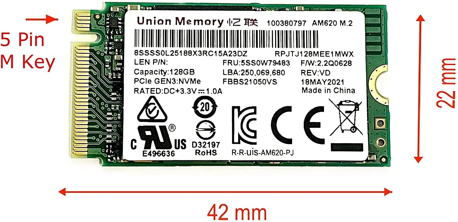 Oydisen Union Memory 128GB M.2 PCI-e NVME Internal Solid State Drive 42mm 2242 Form Factor M Key, OEM Package
