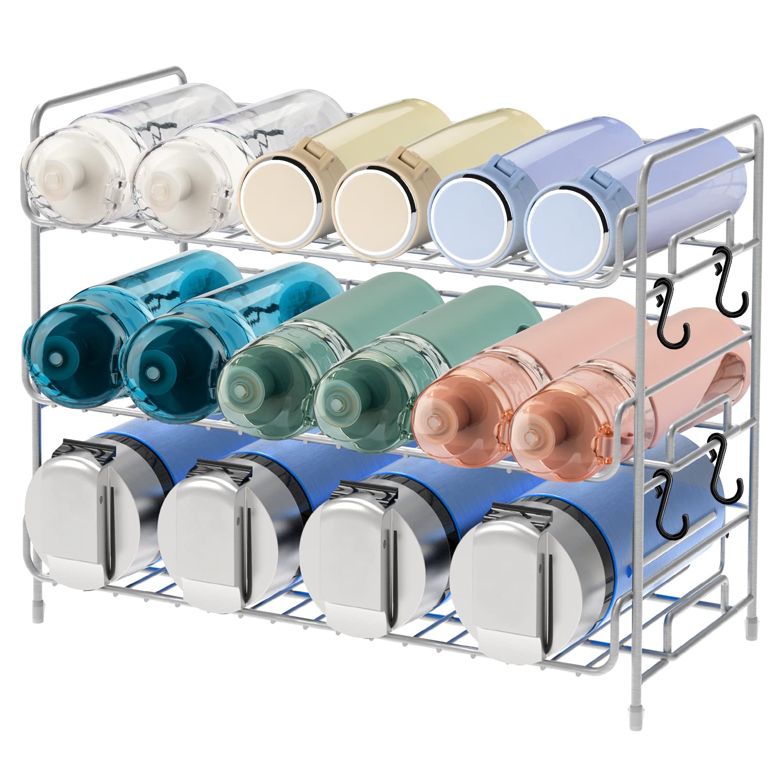 Mefirt Water Bottle Organizer, 3-Tier Water Bottle Organizer for Cabinet, Stackable Water Bottle Storage Rack, Soda, Can, Water Bottle Holder for Cabinet, Kitchen Countertops, Pantry, Fridge (2 PK)