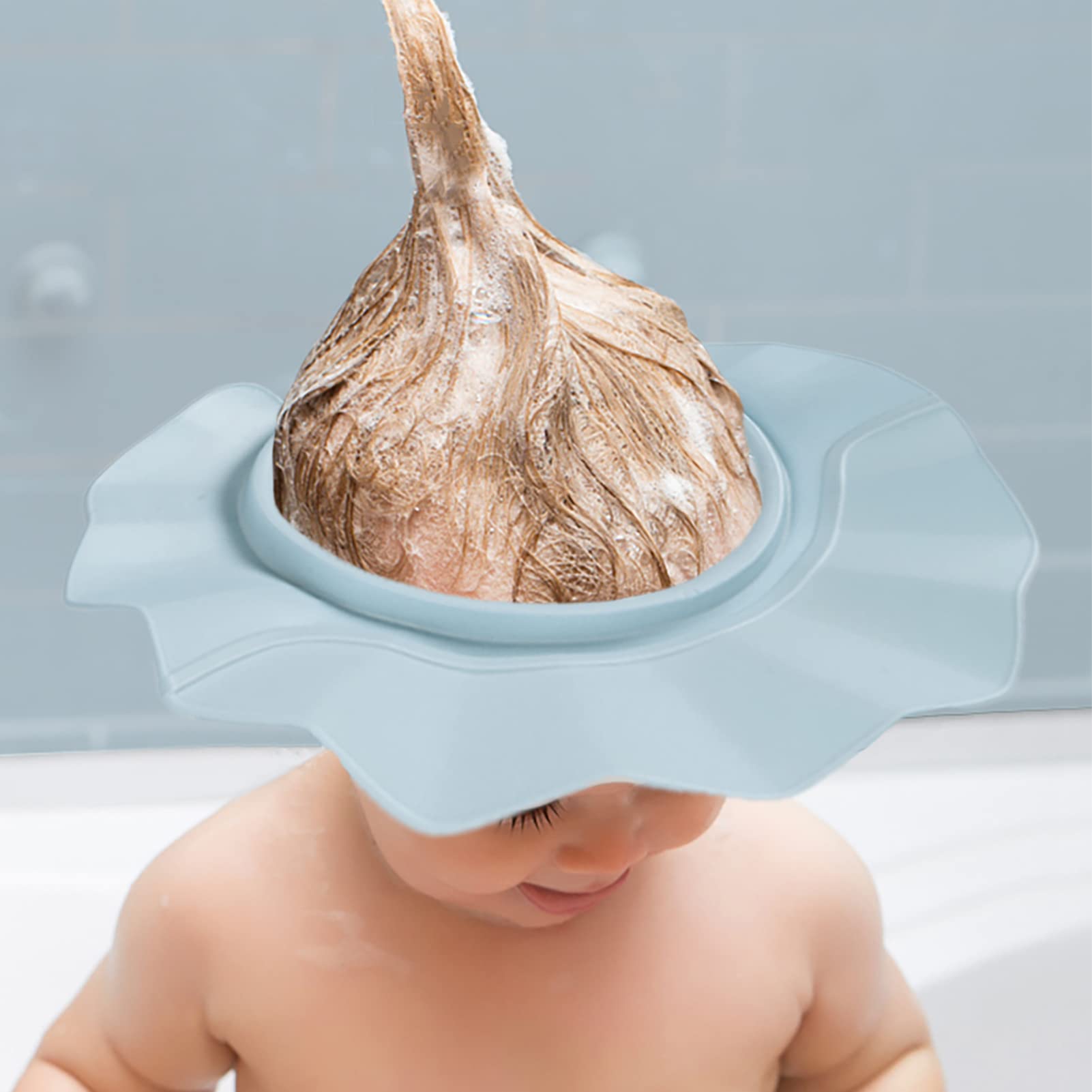 PRINPER Baby Shower Cap, Adjustable Silicone Baby Shower Head Cap, Soft Protection Baby Bath Shampoo Cap Wash Shower Visor Hat for Toddler Children, Blue