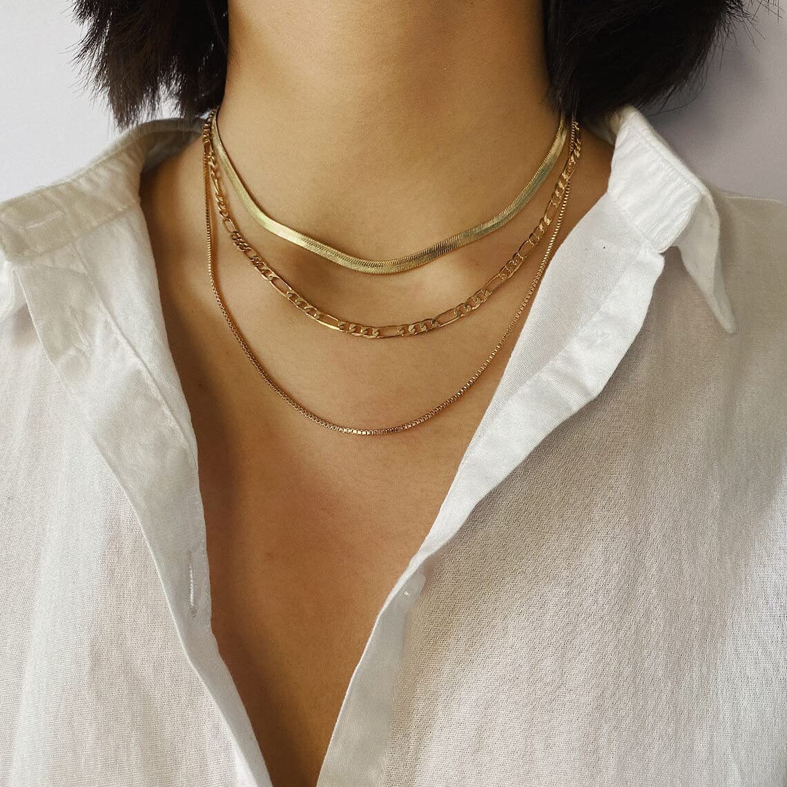 LEXODY 14K Gold Multi-layer Snake Chain Necklace Set Double Layer Snake Filled Herringbone Choker Necklace for Women Layering Cuban Chain Flat Snake Chain Jewelry