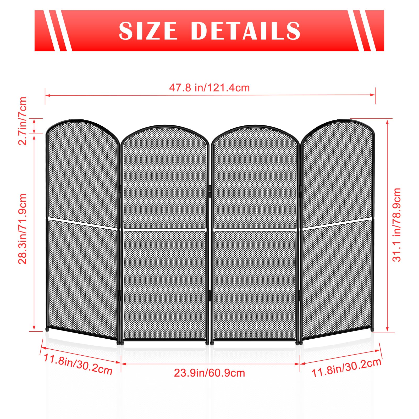 OYEAL Fireplace Screen Stand Black 4 Panel Fireplace Cover Metal Fire Spark Guard Cover Foldable Decorative Fireplace Screen for Home Indoor Fireplace, Black (47.8" W x 31" H)