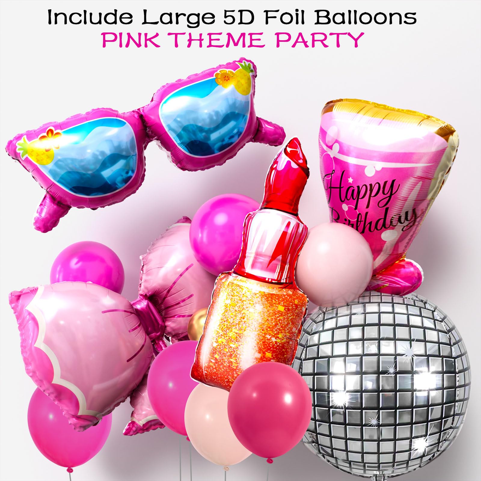KELENO 137 Hot Pink Party Decorations Birthday Party Supplies Princess Balloon Garland Arch Kit Bow Disco Sunglass Lipstick Balloon Backdrop Tablecloth Baby Shower Bachelorette Girl Birthday Decor