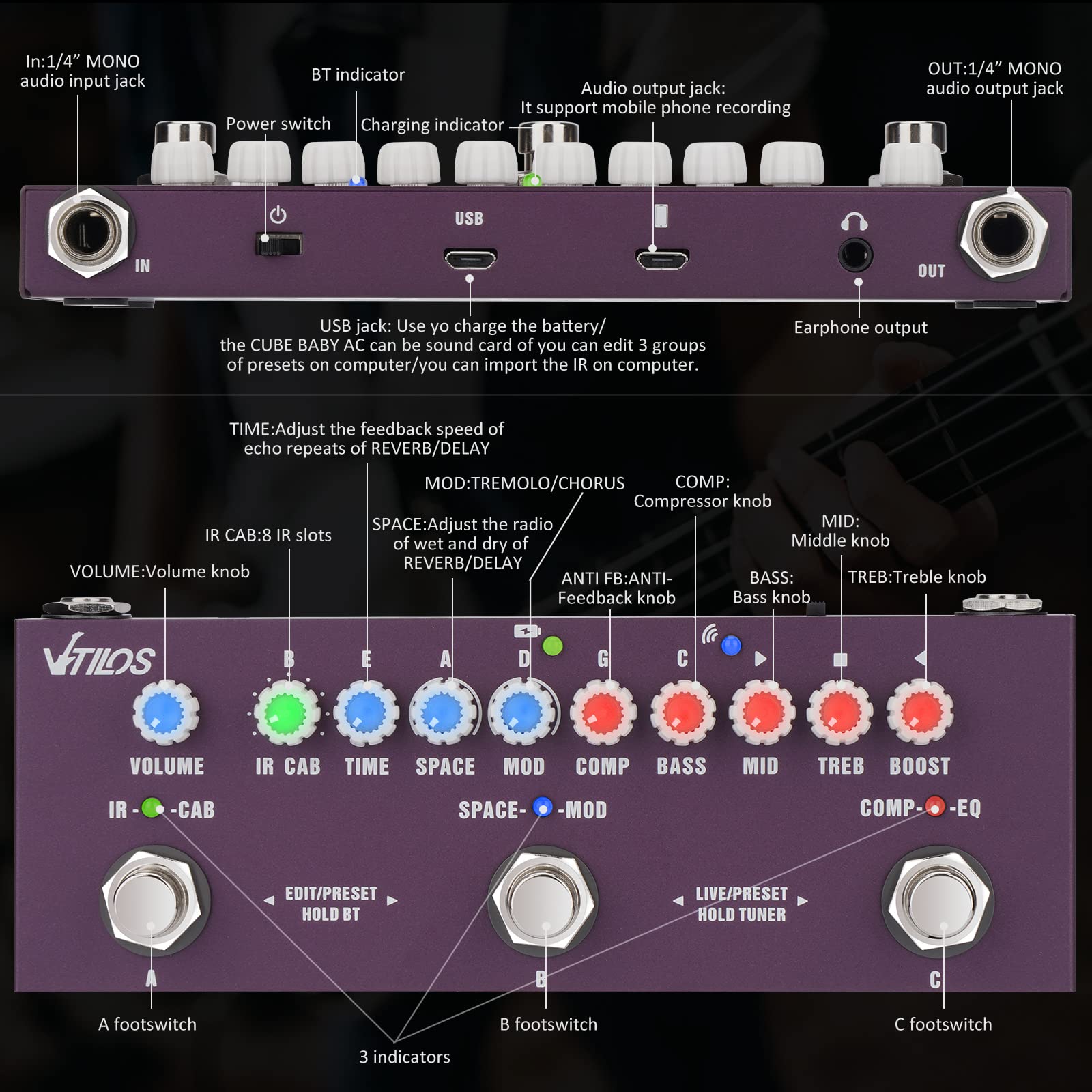 Pro Multi Electric Bass Effect Pedal,8 Classic Bass IR Cabinet Simulations, Real Time Function, 3 Sets Of Timbres, Chorus Phaser Delay and Reverb effect Pedal, BT Wireless Recording
