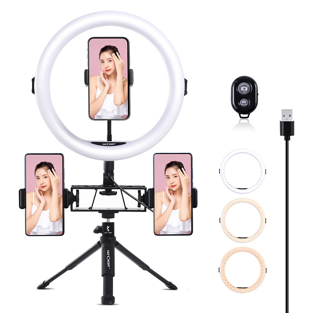 K&F Concept 11 Inch Selfie Ring Light Set with Tripod Stand Cell Phone Holder 3 Light Modes Smartphone Ring Light