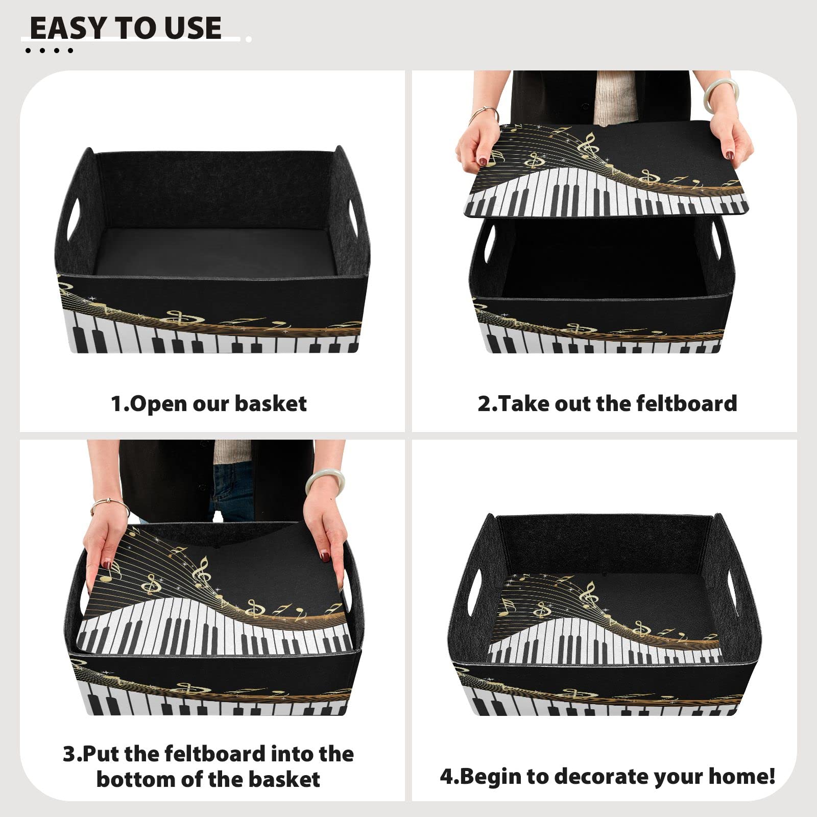 Kigai Collapsible Felt Storage Bins Music Note Piano Key Rectangle with Handle Storage Bins Baskets Toys Storage Basket for Organizing Closet Clothes Office Books Home Decor