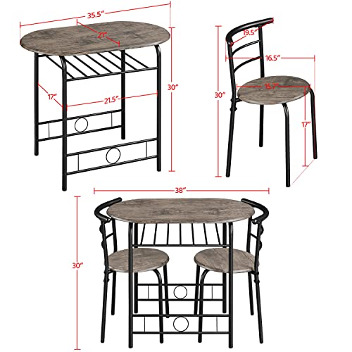 Topeakmart 3-Piece Round Dining Table Set, Kitchen Breakfast Table and Chairs Set for 2, Space Saving Table Set with Steel Legs, Storage Rack for Kitchens, Dining Room, Outdoor bar, Drift Brown