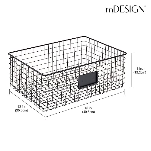 mDesign Wide Steel Wired Storage Organizer Bin Baskets with Label Slot for Kitchen Pantry, Cabinet, Organizing Holder for Food, Drinks, Snacks, Produce, Omaha Collection, 2 Pack, Matte Black