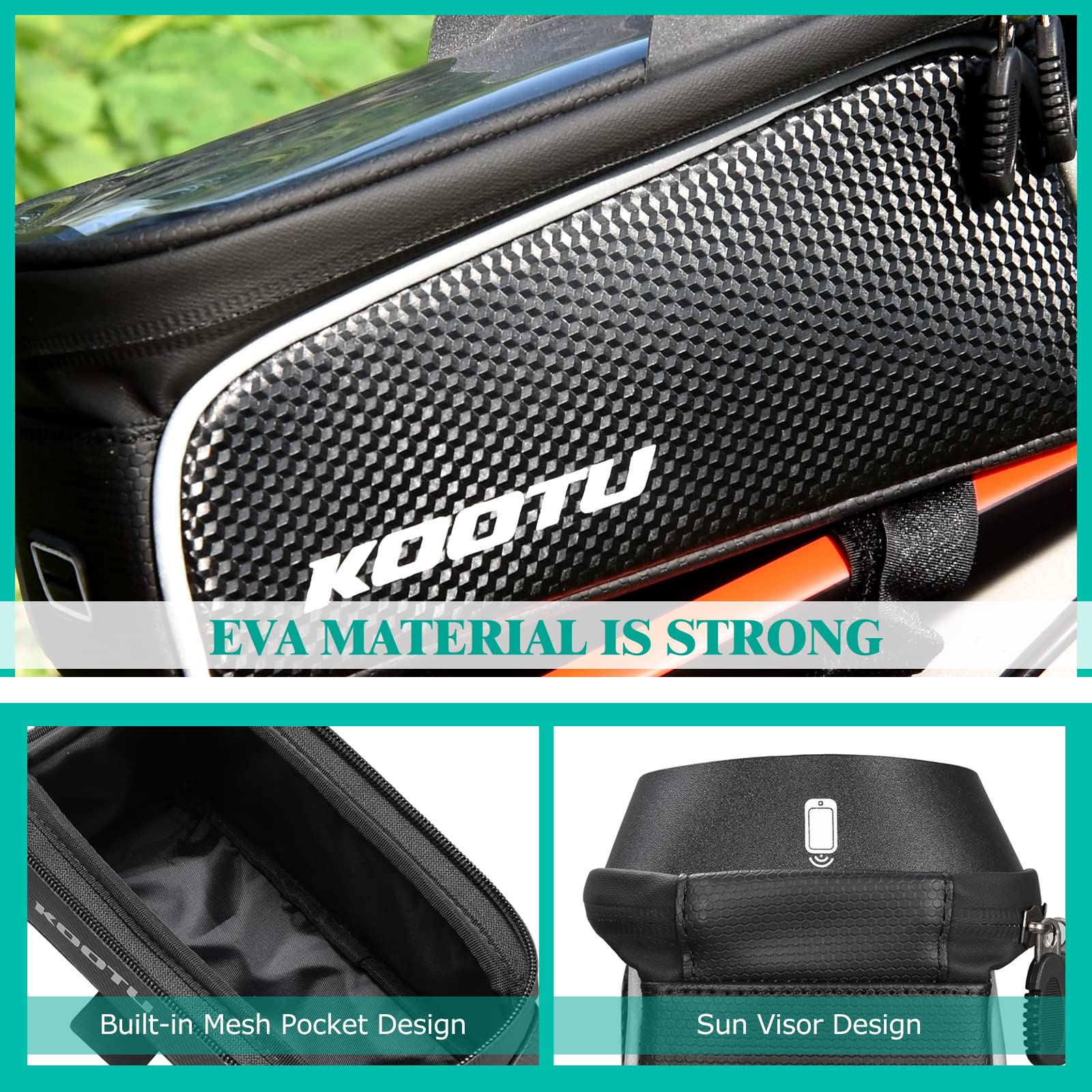 KOOTU Top Tube Front Storage Case,Bike Cell Phone Holder Pouch Bag with TPU Touch-Screen and Sun-Visor,Waterproof Bike Phone Mount for Smartphone Under 6.5"