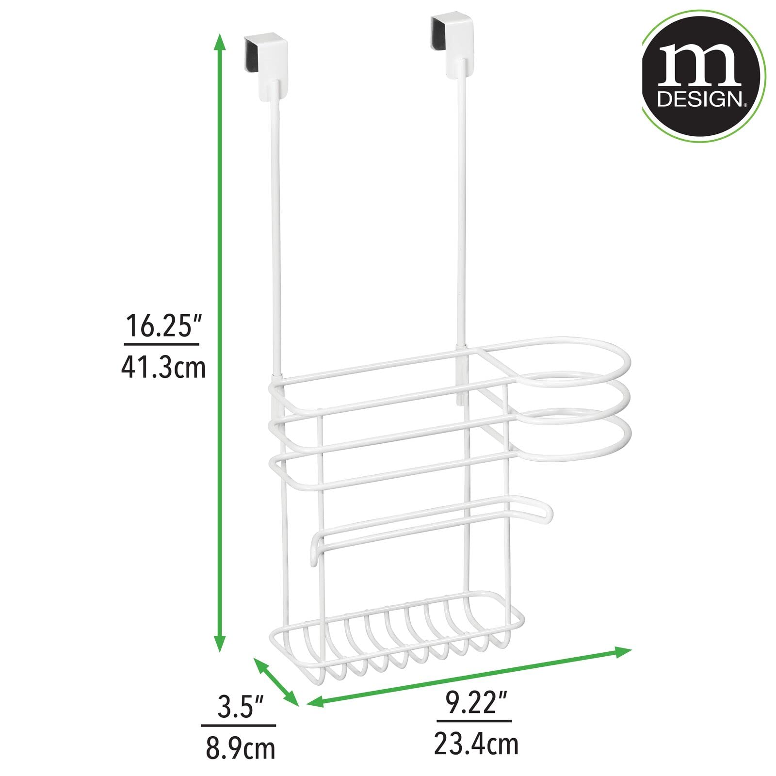 mDesign Metal Bathroom 2 Section Storage Tool Organizer Basket Tray - Hang Over Cabinet Door - Storage for Hair Dryer, Straightener, Curling Iron, Styling Products - Concerto Collection - White