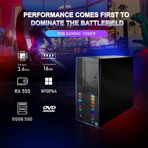 RGB Gaming Desktop PC, Intel Quad I5 up to 3.6GHz, 16GB RAM, Radeon RX 550 4G GDDR5, 512G SSD, WiFi & Bluetooth, RGB Keyboard & Mouse, Win 10 Pro (Renewed)