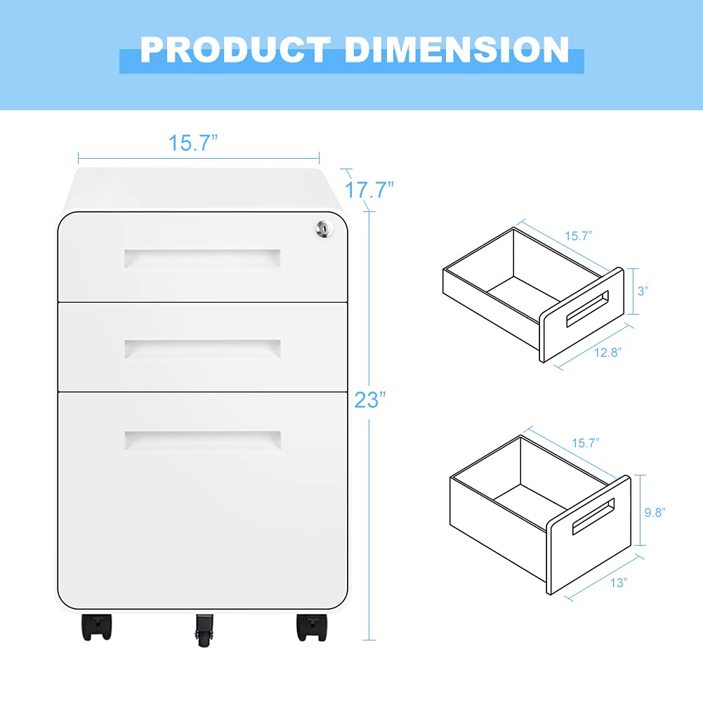 INTERGREAT White 3 Drawer Filing Cabinet with Wheels Metal Mobile File Cabinet with Hanging Frame Lockable File Cabinet for Legal/Letter Size, Pre-Assembled, Steel, Arc Edge