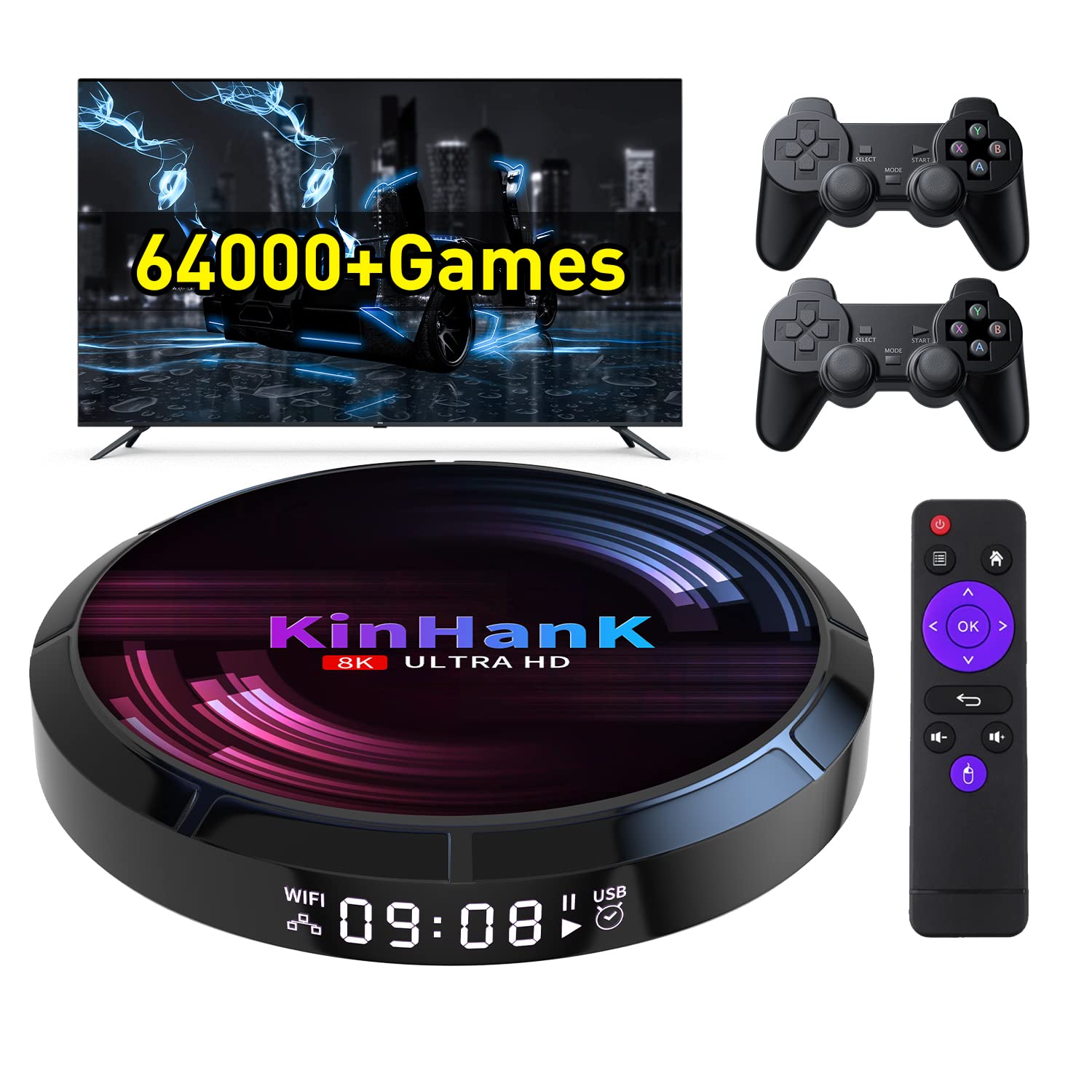 Kinhank Retro Video Game Console Built in 64000+ Games,Super Console X Max Emulator Console,S905X3 Chip,EmuELEC 4.3/Android 9/CoreELEC,4K Output,2.4G+5G WiFi,BT 4.0,Gigabit Ethernet,Compatible with Most Emulators