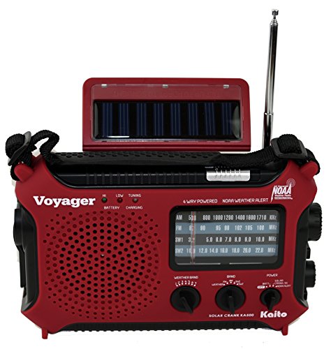 Kaito KA500IP-RED Voyager Solar/Dynamo AM/FM/SW NOAA Weather Radio with Alert and Cell Phone Charger, Red