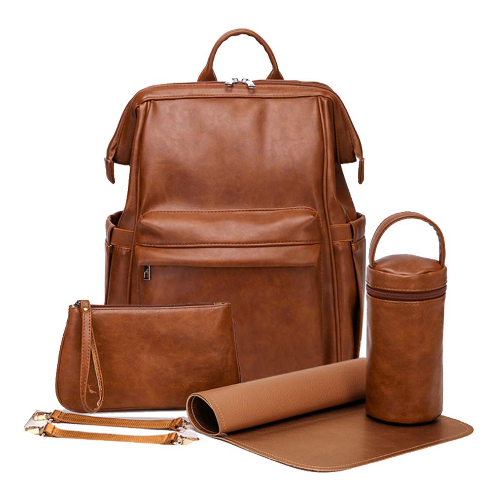 LCY PU Leather Large Backpack Baby Diaper Bag Set-Brown