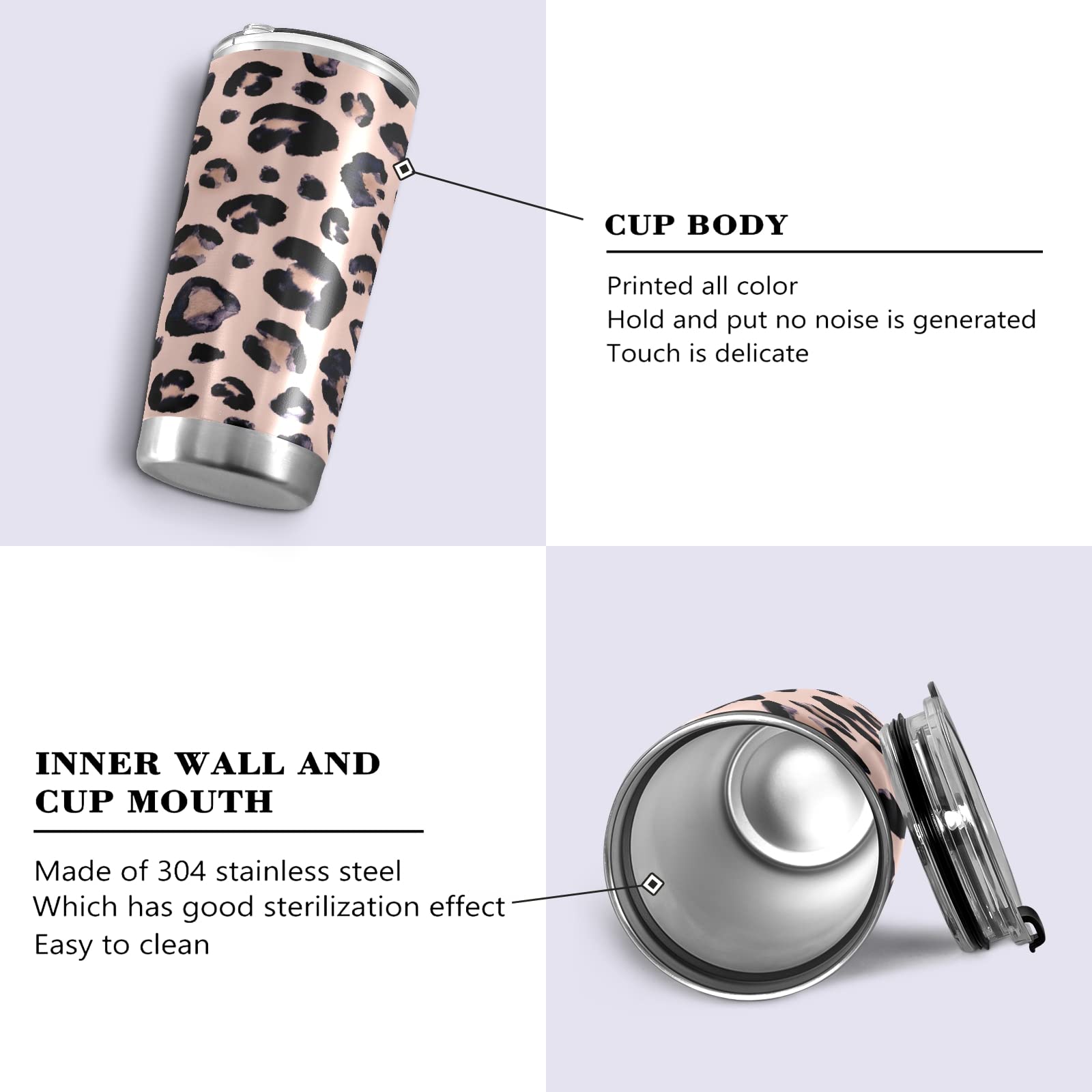 Leopard Print Cheetah Pink Insulated Tumbler Cup with Straw Lid Vacuum Reusable Stainless Steel Water Bottle Coffee Travel Mug 20oz