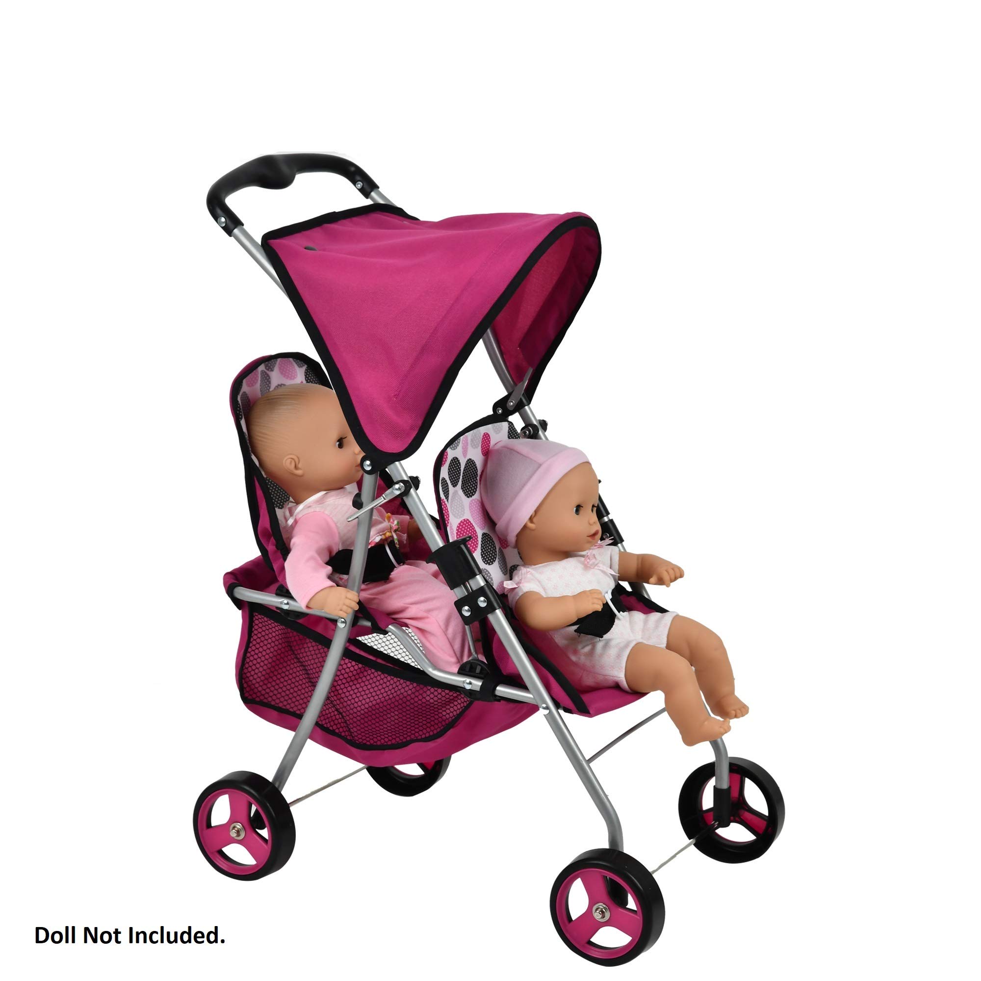 Hauck Pink Dot Doll Twin Stroller, Retractable Canopy, Easy to Fold for Storage and/or Travel, Fits Dolls up to 18"