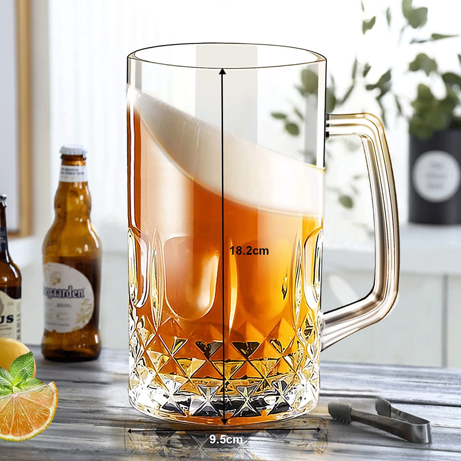 Momugs 32 Ounces Beer Stein Mugs - 2 Pack Extra Large German Style Clear Tall Beer Glasses for Men - Heavy Duty Thick Glass With Handle