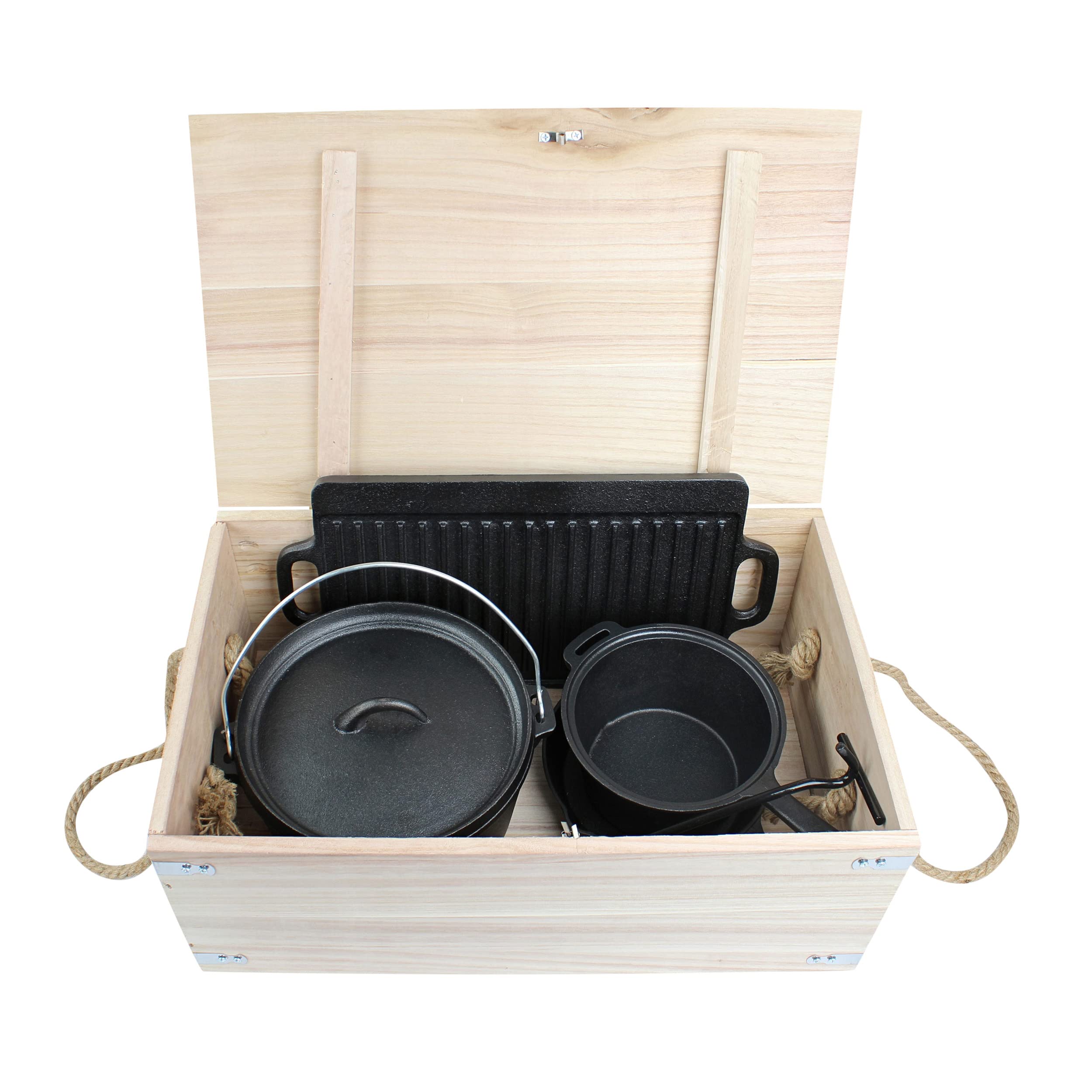 Lot45 Dutch Oven Camping Cooking Set 7pc Cookware - Cast Iron Griddle, 4.5qt Dutch Oven, Frying Pan, 2.5qt Sauce Pan
