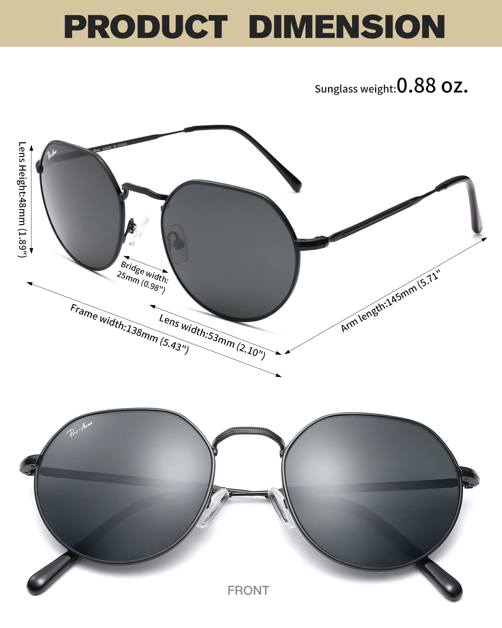 Pro Acme Polygon Round Sunglasses, Large Metal Frame Shades Sun Glass 100% Real Glass Lens 53MM (Gold/Black Grey)