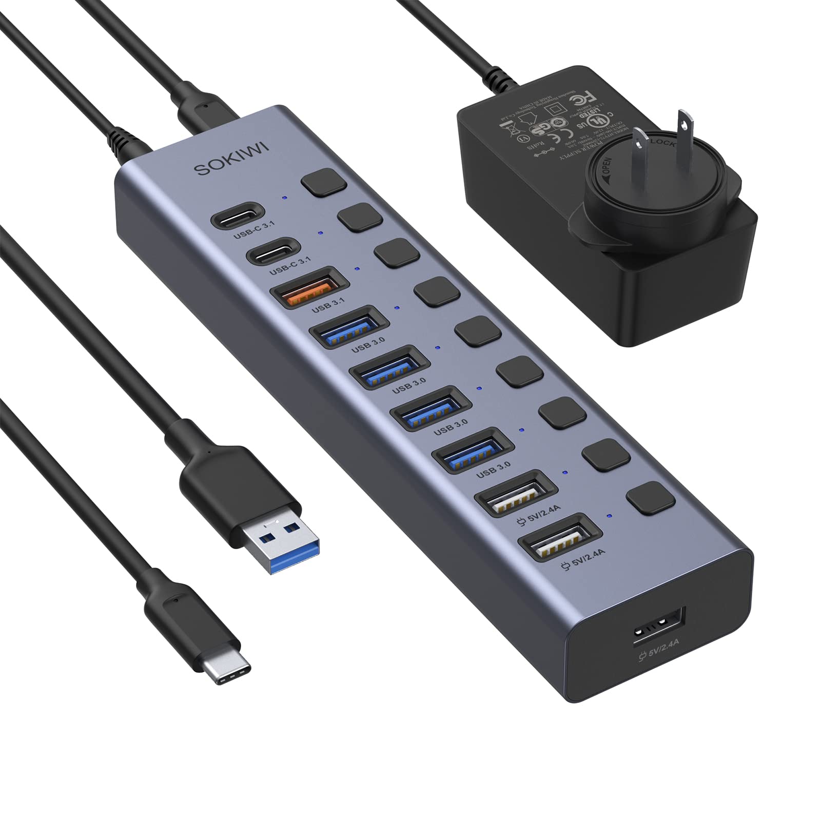 Powered USB Hub 3.0/3.1- Sokiwi USB Hub- Aluminum USB Port Hub Expender- USB C Hub Splitter with Individual On/Off Switches for Laptop/PC