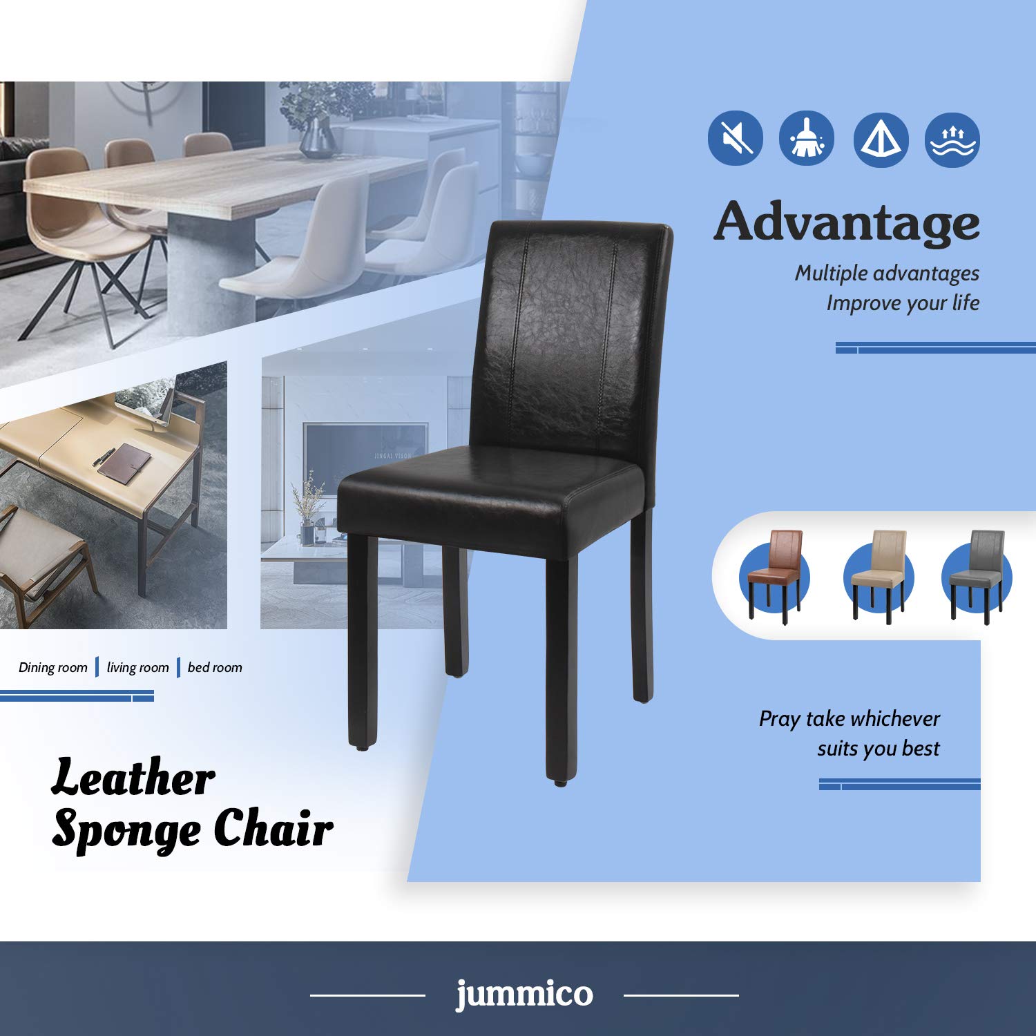 JUMMICO Dining Chair PU Leather Living Room Chairs Modern Kitchen Armless Side Chair with Solid Wood Legs Set of 4(Grey)