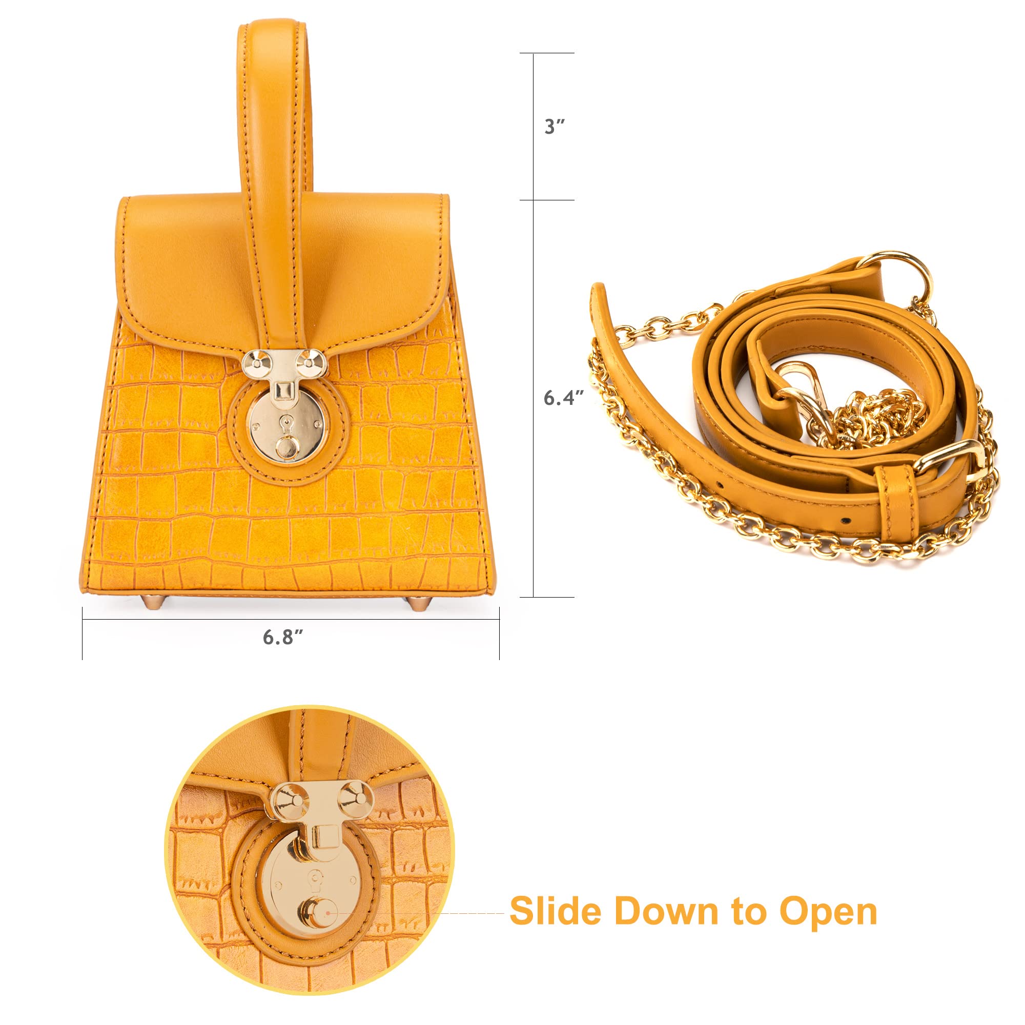 Milan Chiva Top Handle Purse Crocodile Crossbody Bag for Women Trendy Cute Shoulder Handbag with Chain Strap MC-1011YL, Yellow