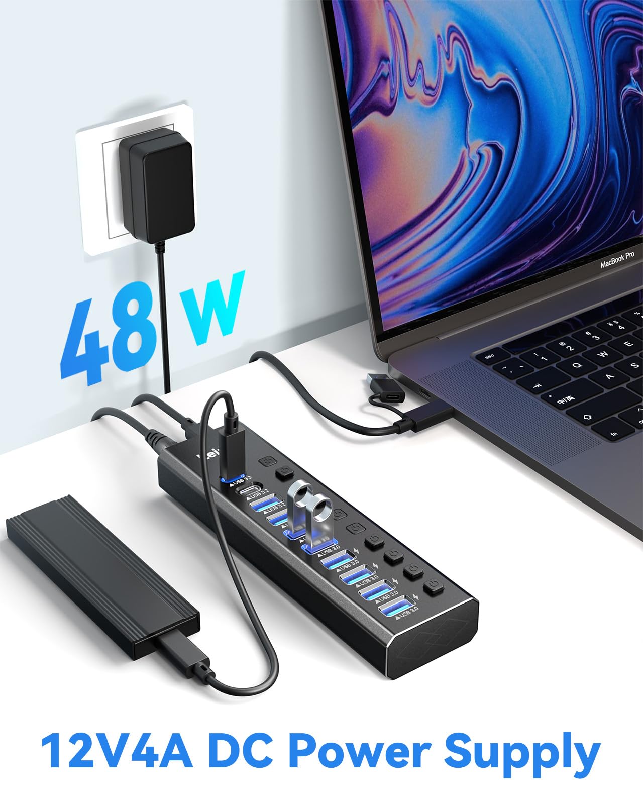 Powered USB Hub [Durable Aluminum] USB Hub 3.0 Powered, Individual Switch Buttons Smart Charging USB Port Expander Fit for External Hard Drive Electronics Gaming Laptop Desktop PC