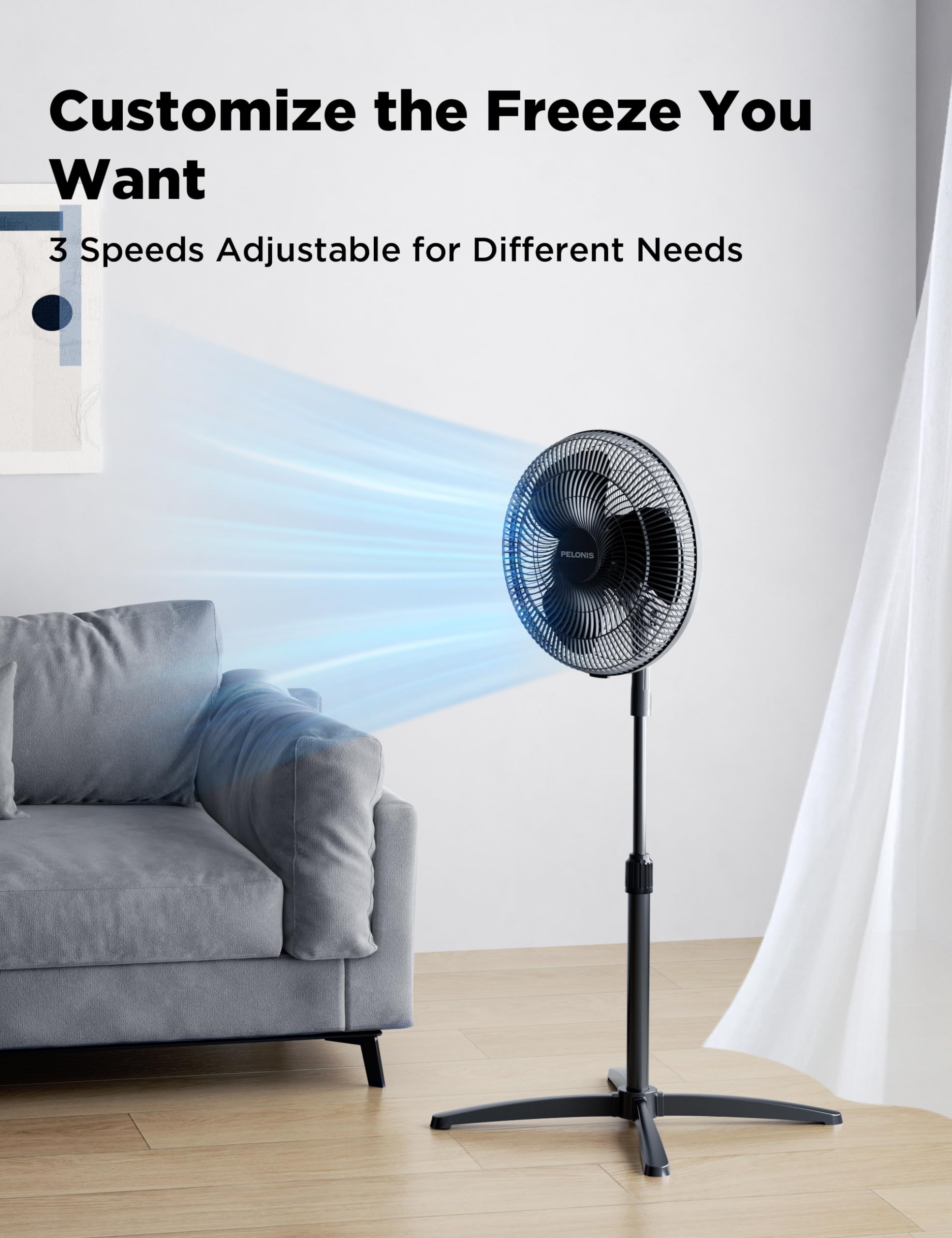 PELONIS 16ββ Pedestal Stand Up Oscillating Fan with 3 Speeds Settings Ultra Quiet Adjustable Heights for Bedroom, Living Room, Home and Office 2 Packs Black