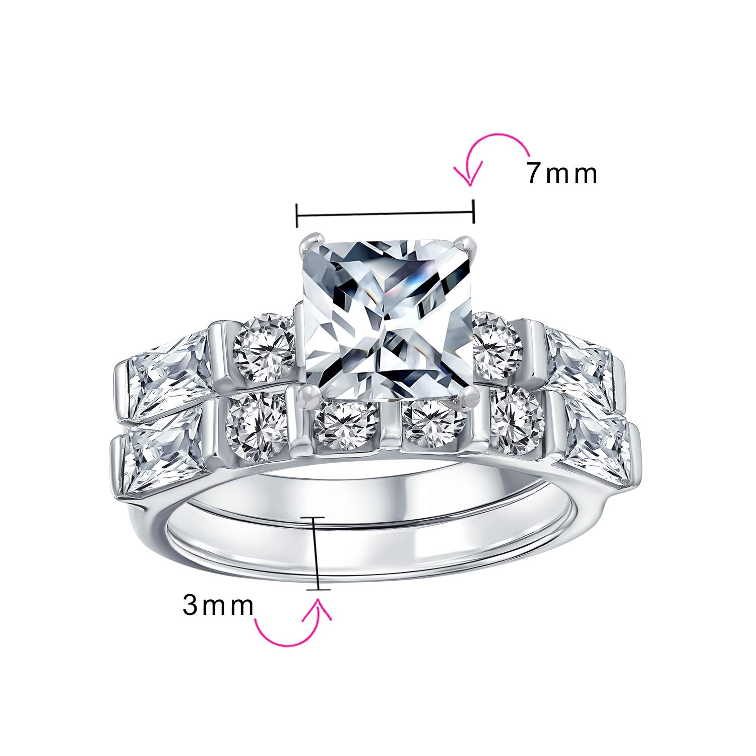 Personalized Traditional AAA CZ Baguettes Side Stones 2CT Square Princess Cut Brilliant Solitaire Anniversary Engagement Wedding Band Ring Set For Women .925 Sterling Silver Custom Engraved