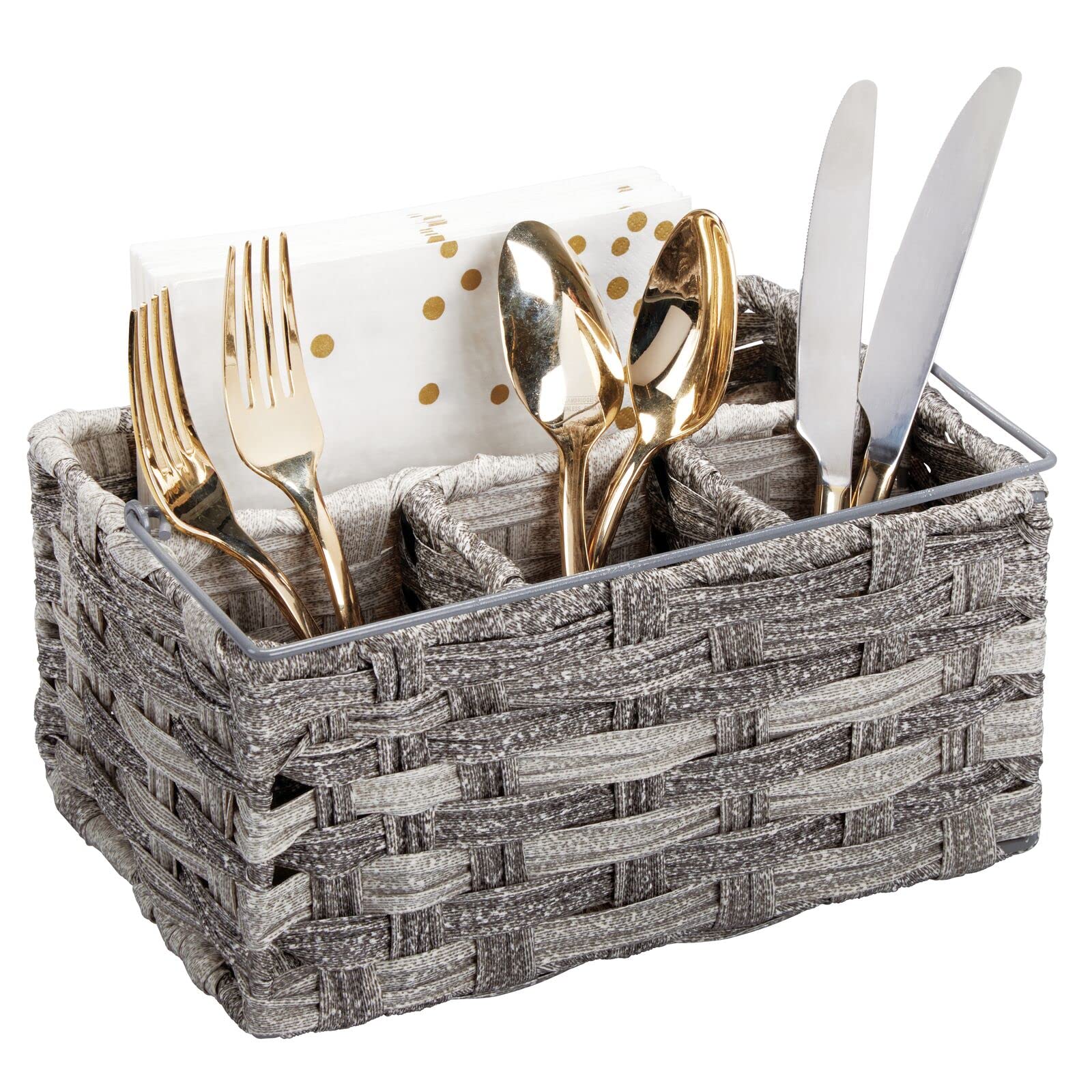 mDesign Plastic Woven Divided Cutlery Storage Organizer Caddy Tote - Basket Holder for Kitchen Table, Cabinet, Pantry - Holds Silverware, Forks, Knives, Spoons, Napkins and other Utensils - Gray