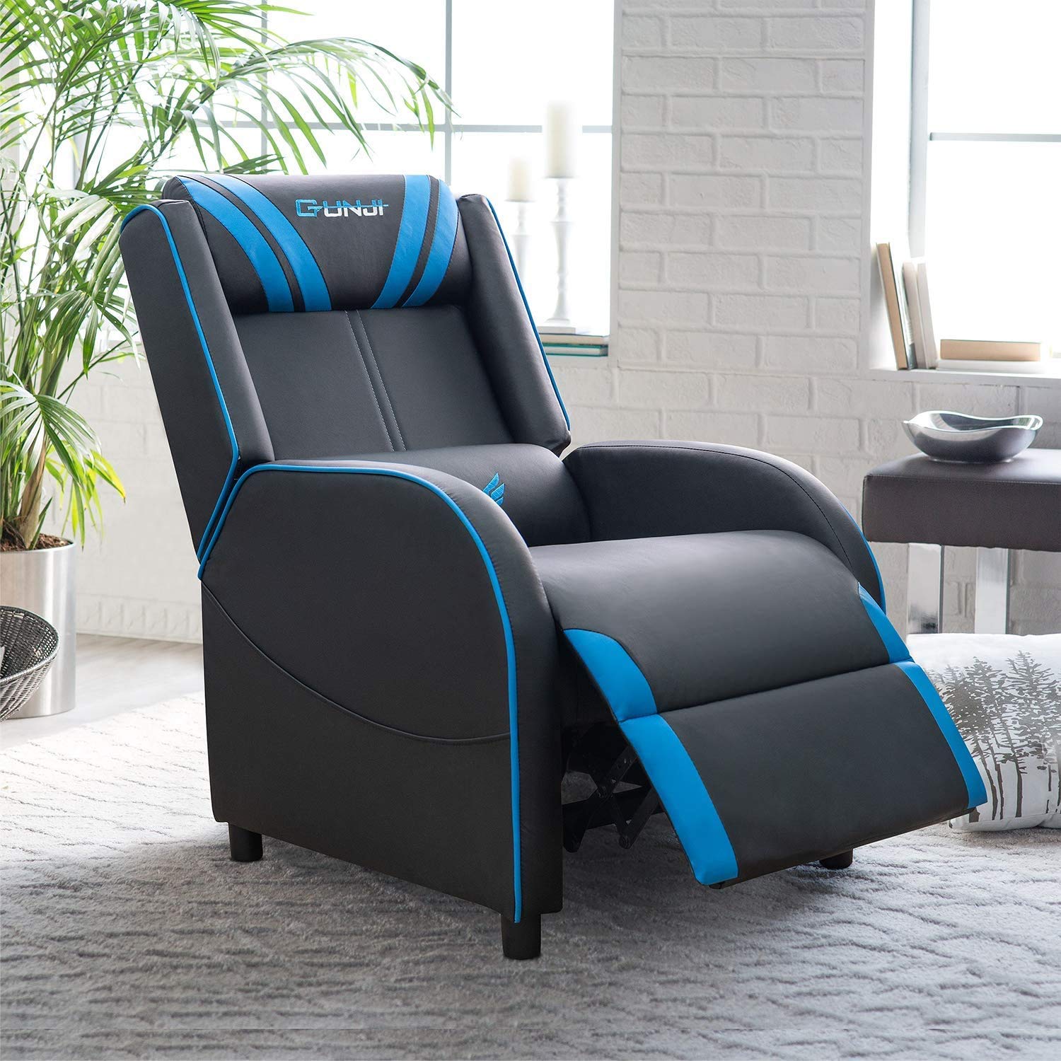 JUMMICO Gaming Recliner Chair PU Leather Single Recliner Sofa Adjustable Modern Living Room Recliners Home Theater Recliner Seat (Blue)