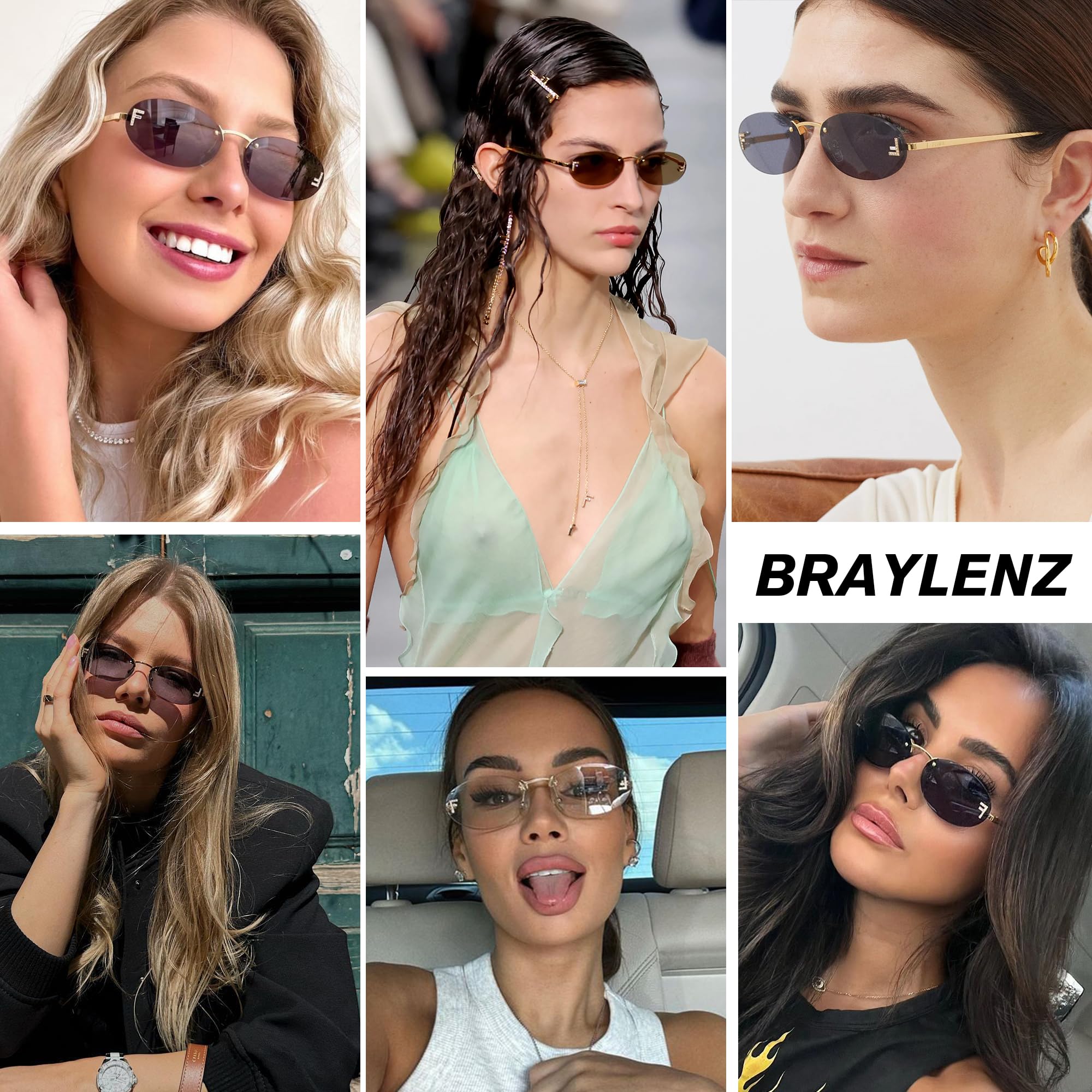 Revemo Rimless Oval Sunglasses for Women Men Vintage Narrow 90s Designer Cool Sun Glasses