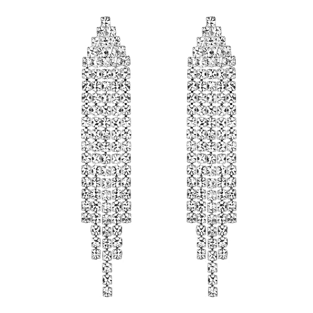 Mlouye Silver Tone Clear Rhinestone Chandelier Dangle Earrings for Women, Triangle Dangling Fringe Crystals Pierced Earring for Prom Party Jewelry