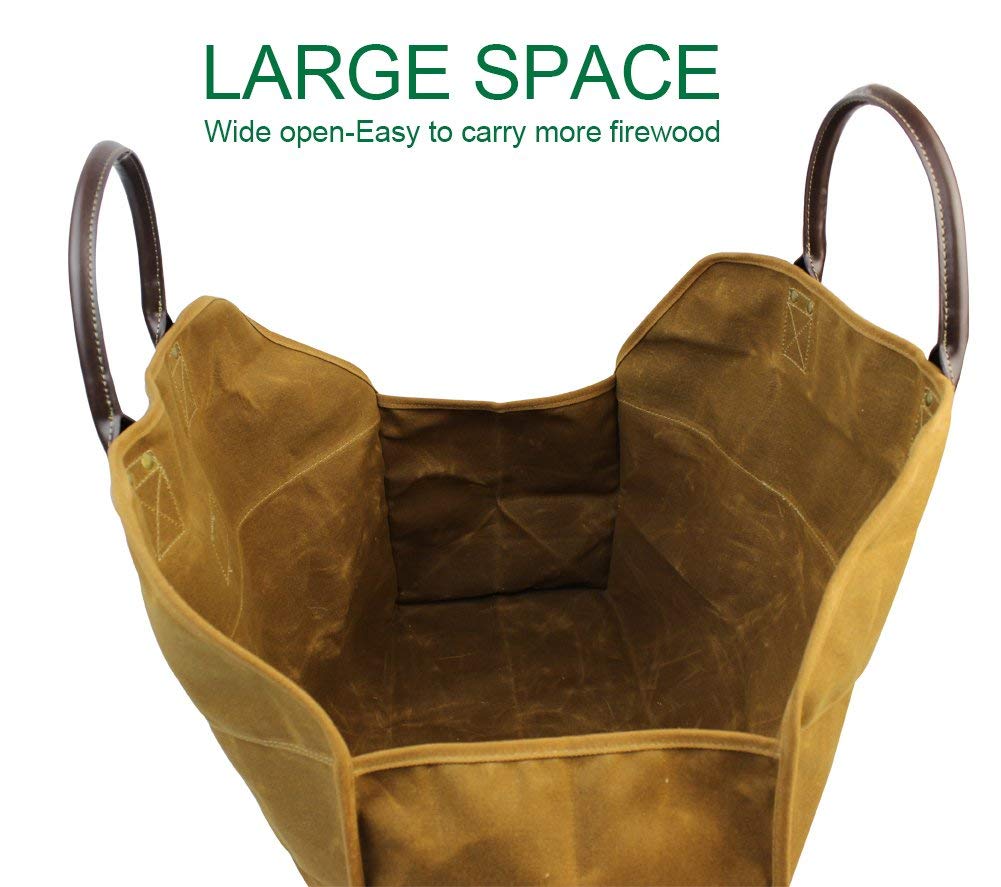 INNO STAGE Firewood Log Carrier Bag Waxed Canvas Tote Holder with Fireplace Pure Leather Gloves Set for Camping, BBQ Barbecue- Green Bag